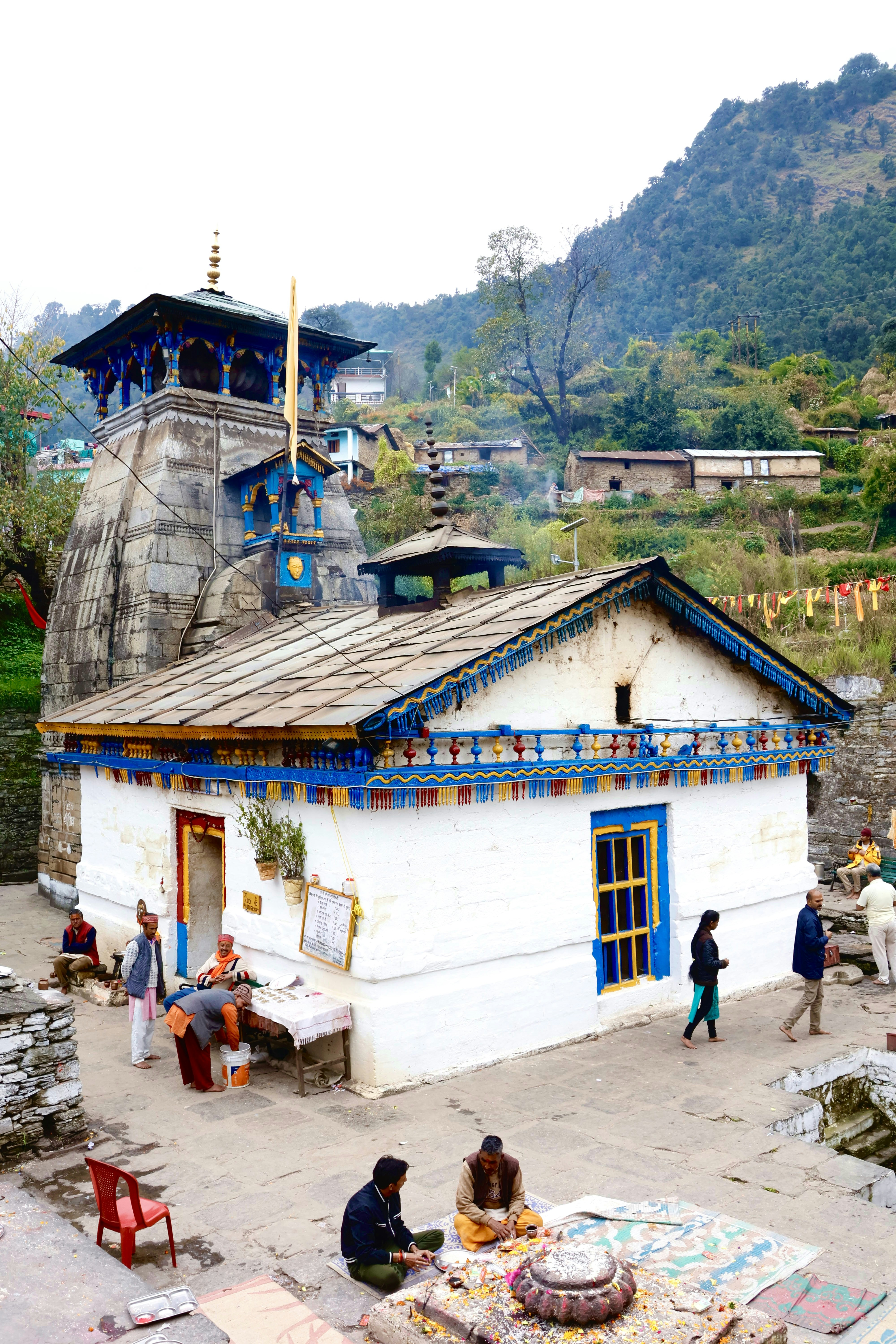 Village Temple in the Hills: Blue Trim and Quiet Courtyard