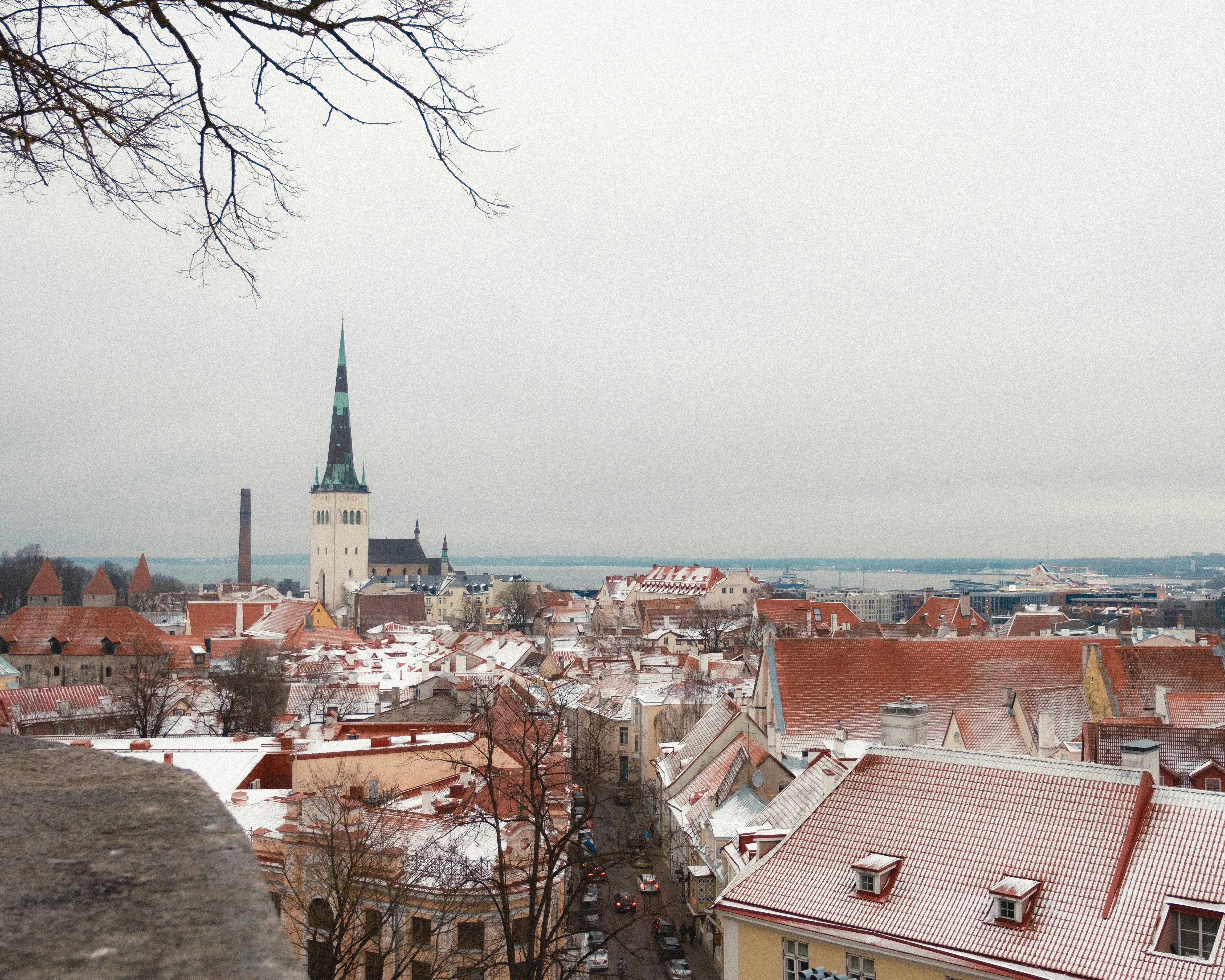 Snow-dusted rooftops of a historic town with a prominent church steeple under a cloudy sky.