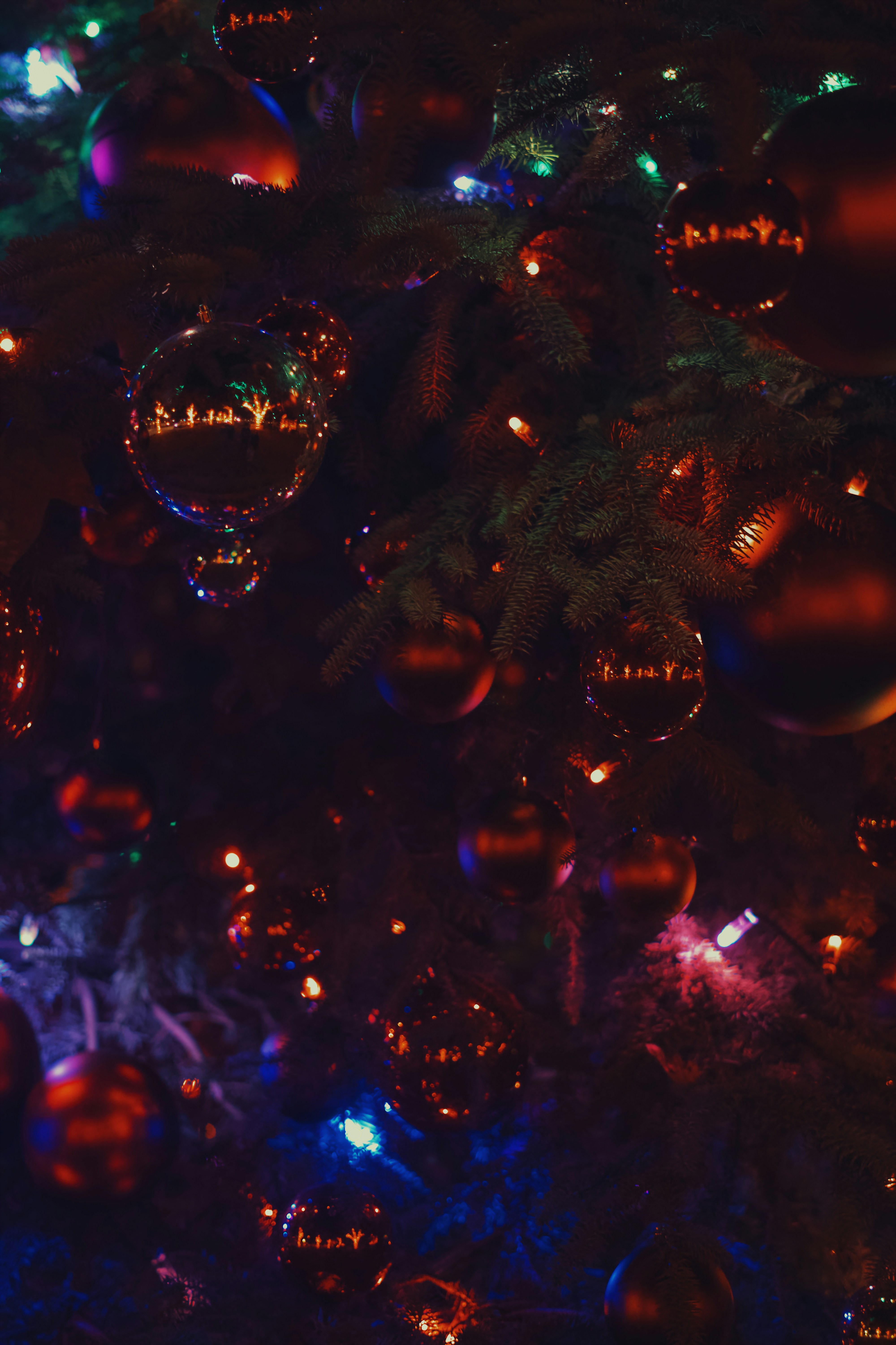 Nocturnal Ornaments: Reflections and Red Orbs on a Dim Christmas Tree