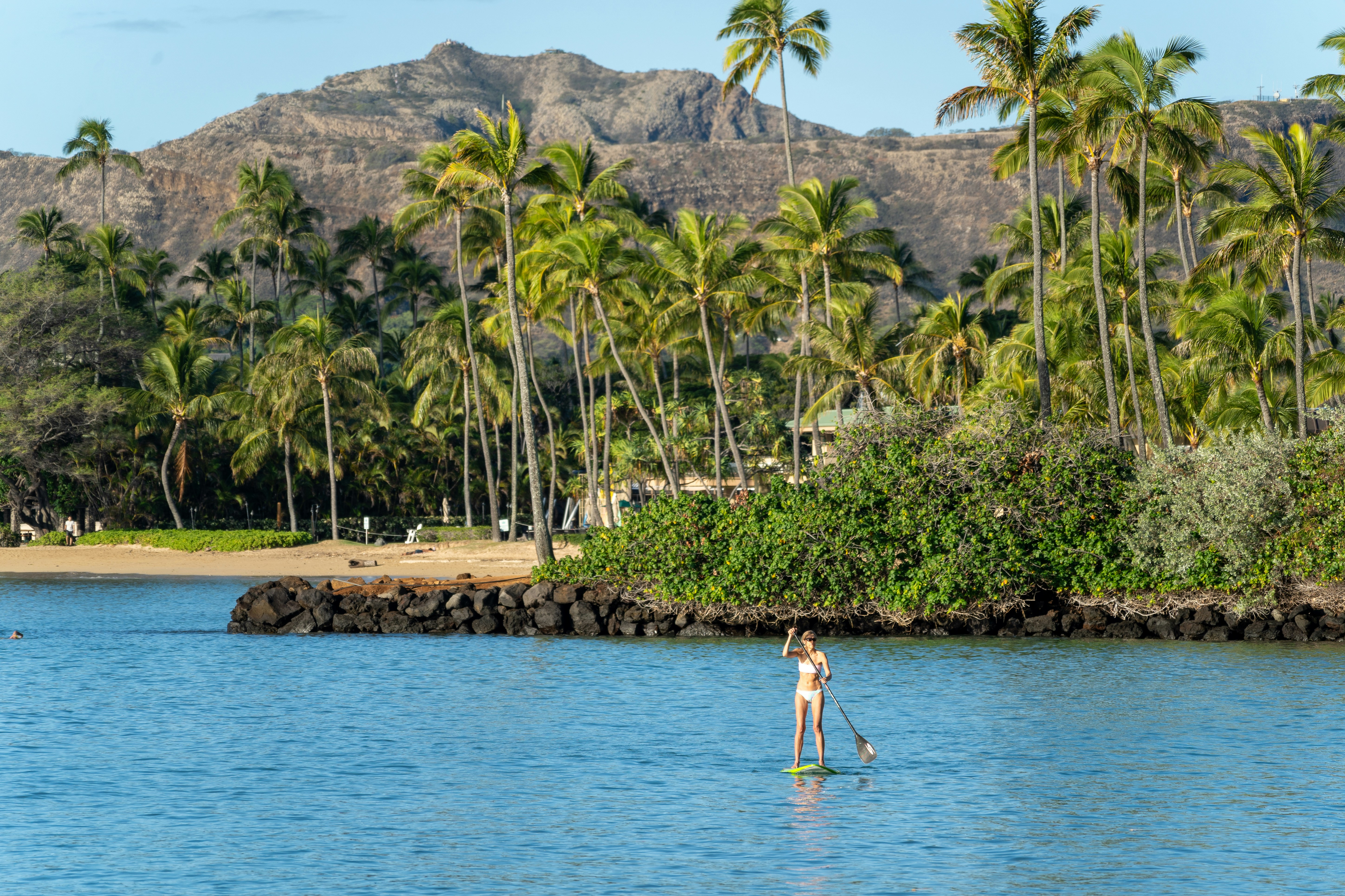A paddleboarder glides across calm waters, framed by lush palm trees and distant mountains. The scene evokes tranquility and the beauty of nature.