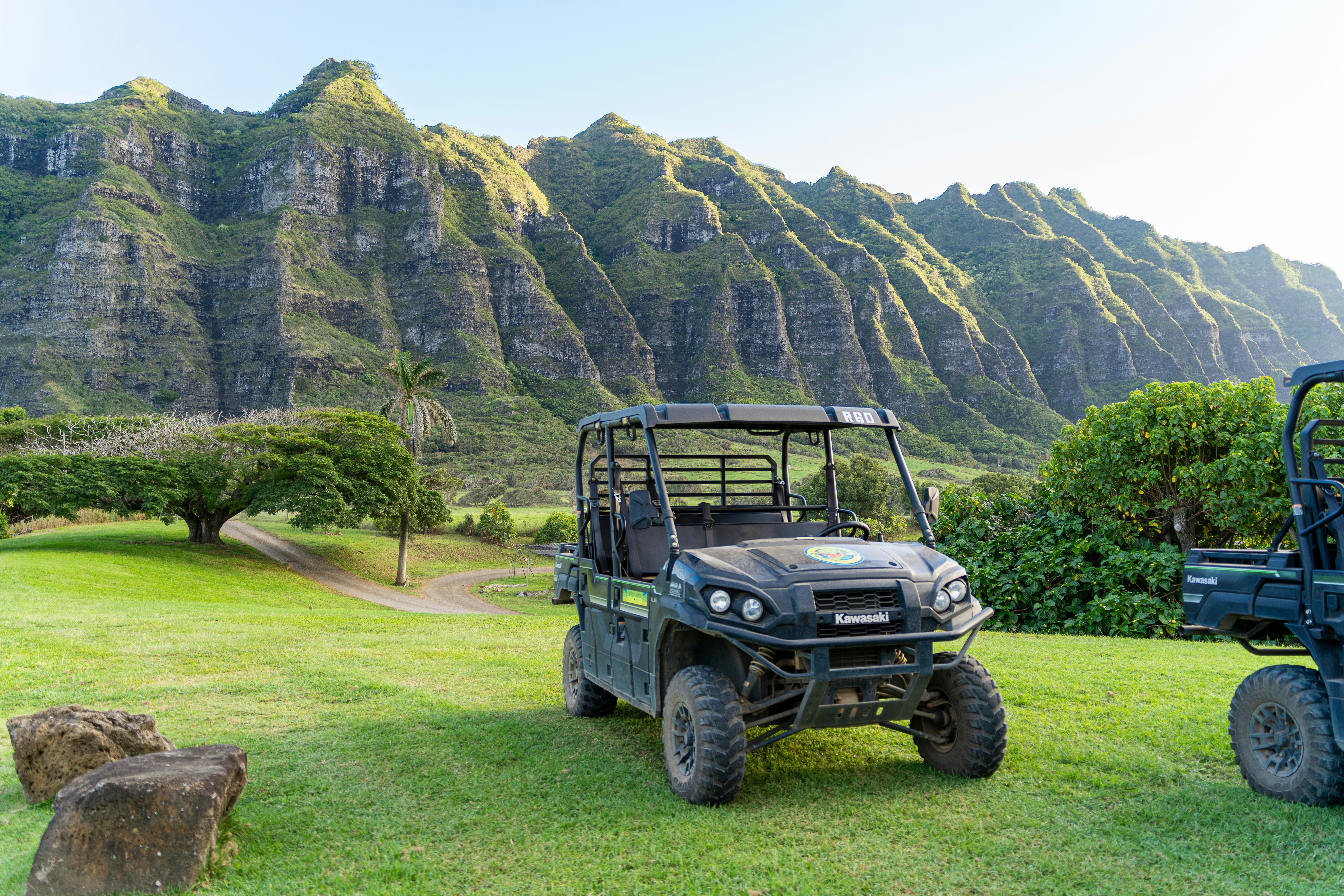 A couple of vehicles parked on top of a lush green field photo – Free ...