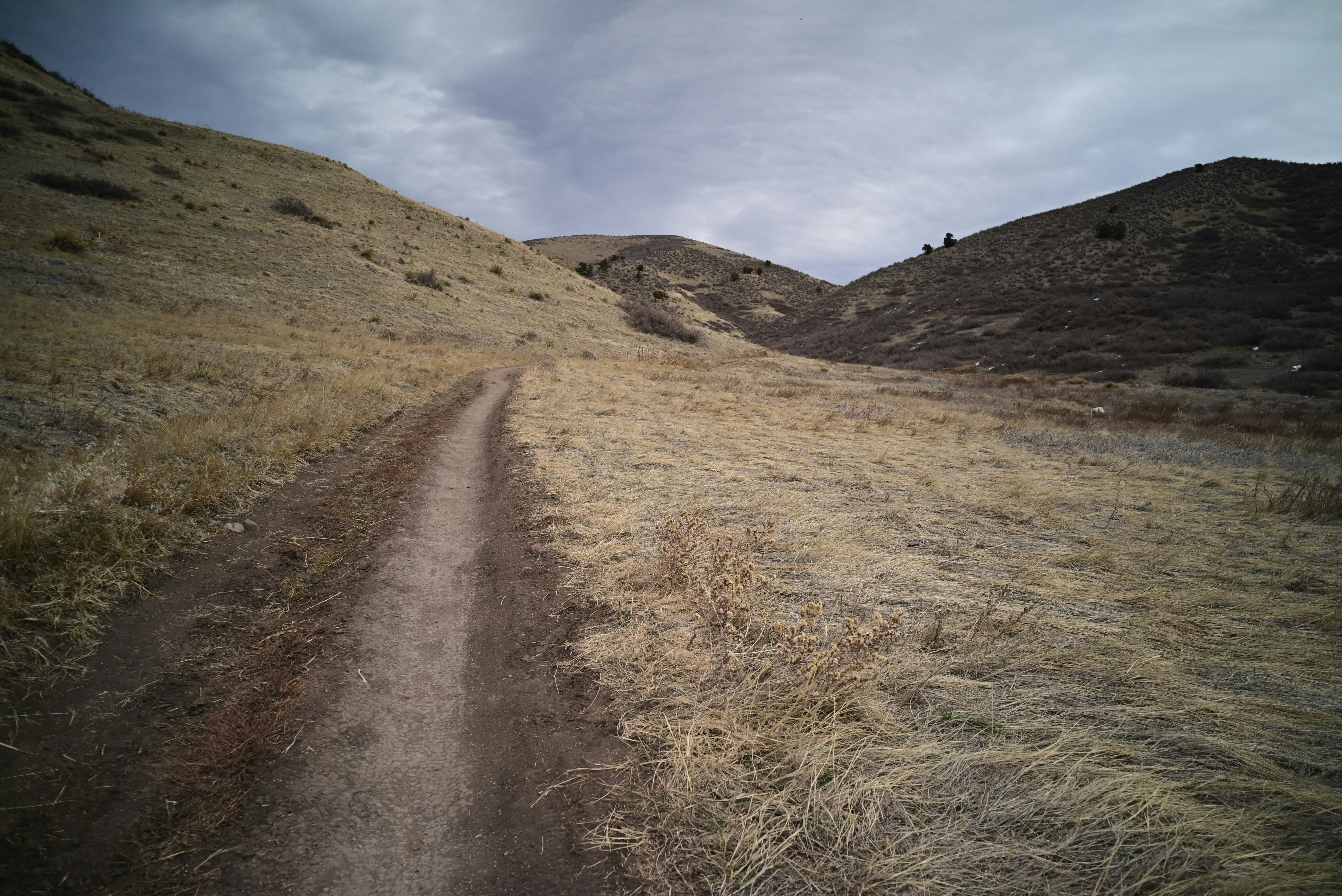 Winding Dirt Trail Between Thirsty Hills Under a Cloudy Sky