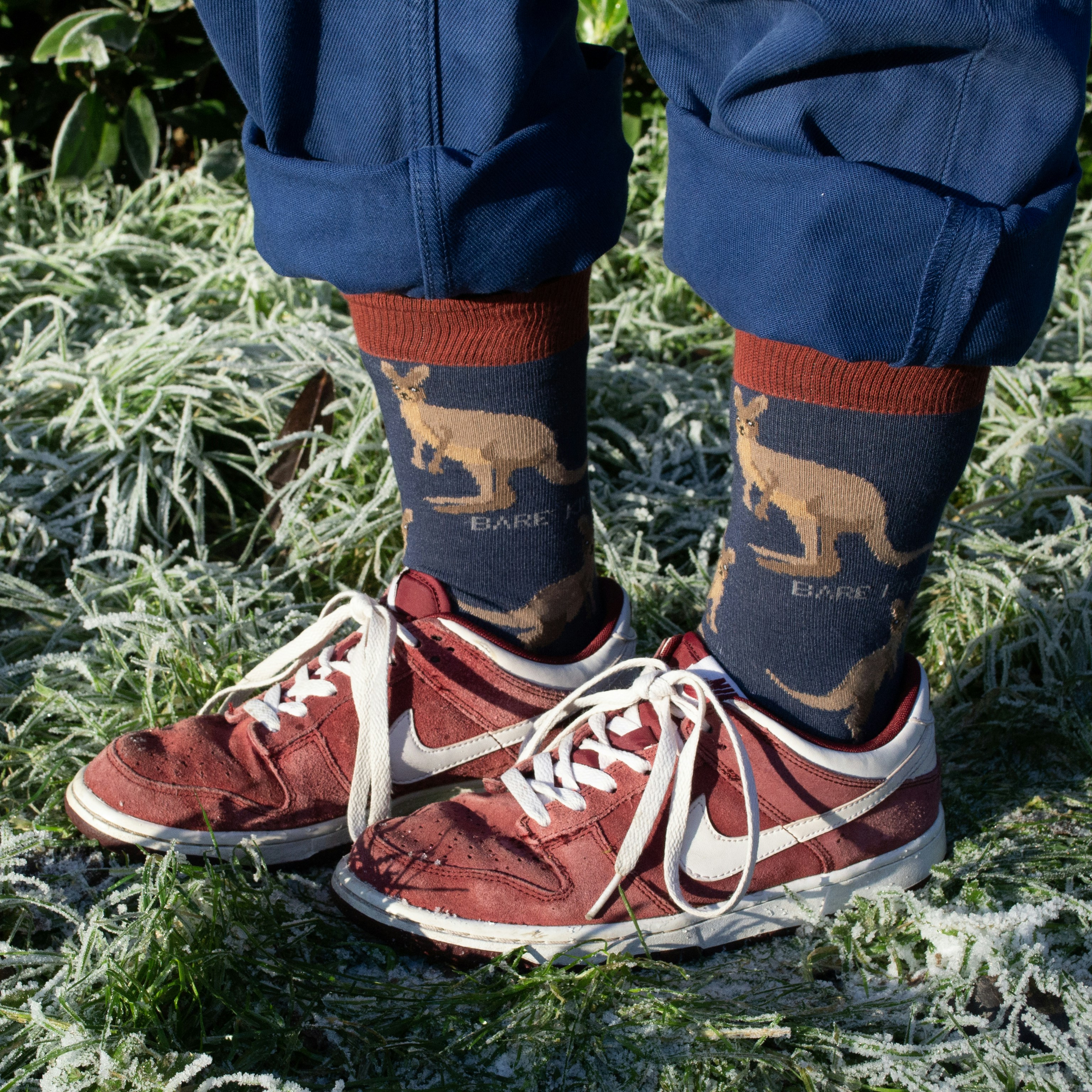 Red-Soled Steps: Cartoonish Lions on Socks and Weathered Sneakers