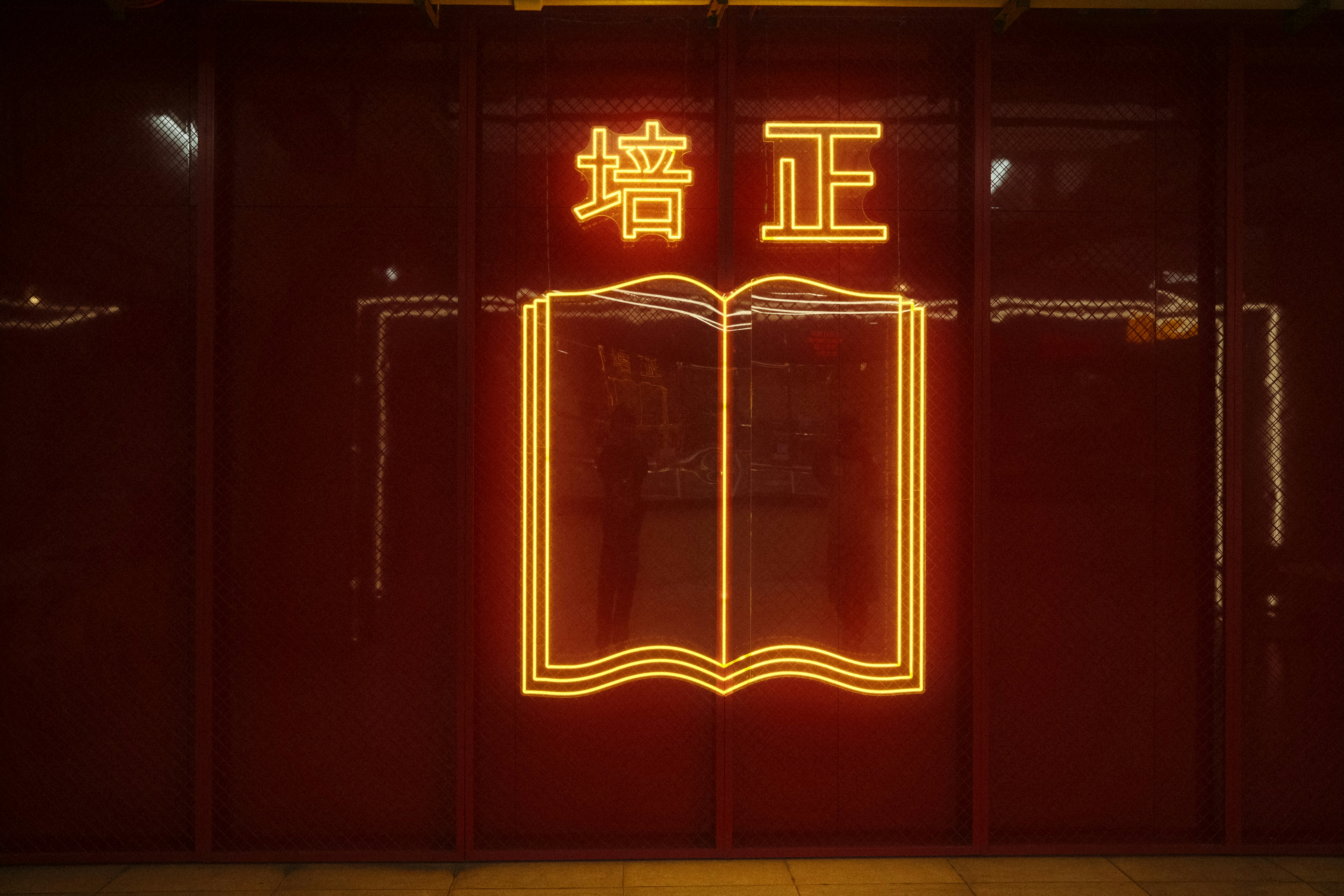 Crimson Neon Open-Book Emblem Illuminating a Quiet Night