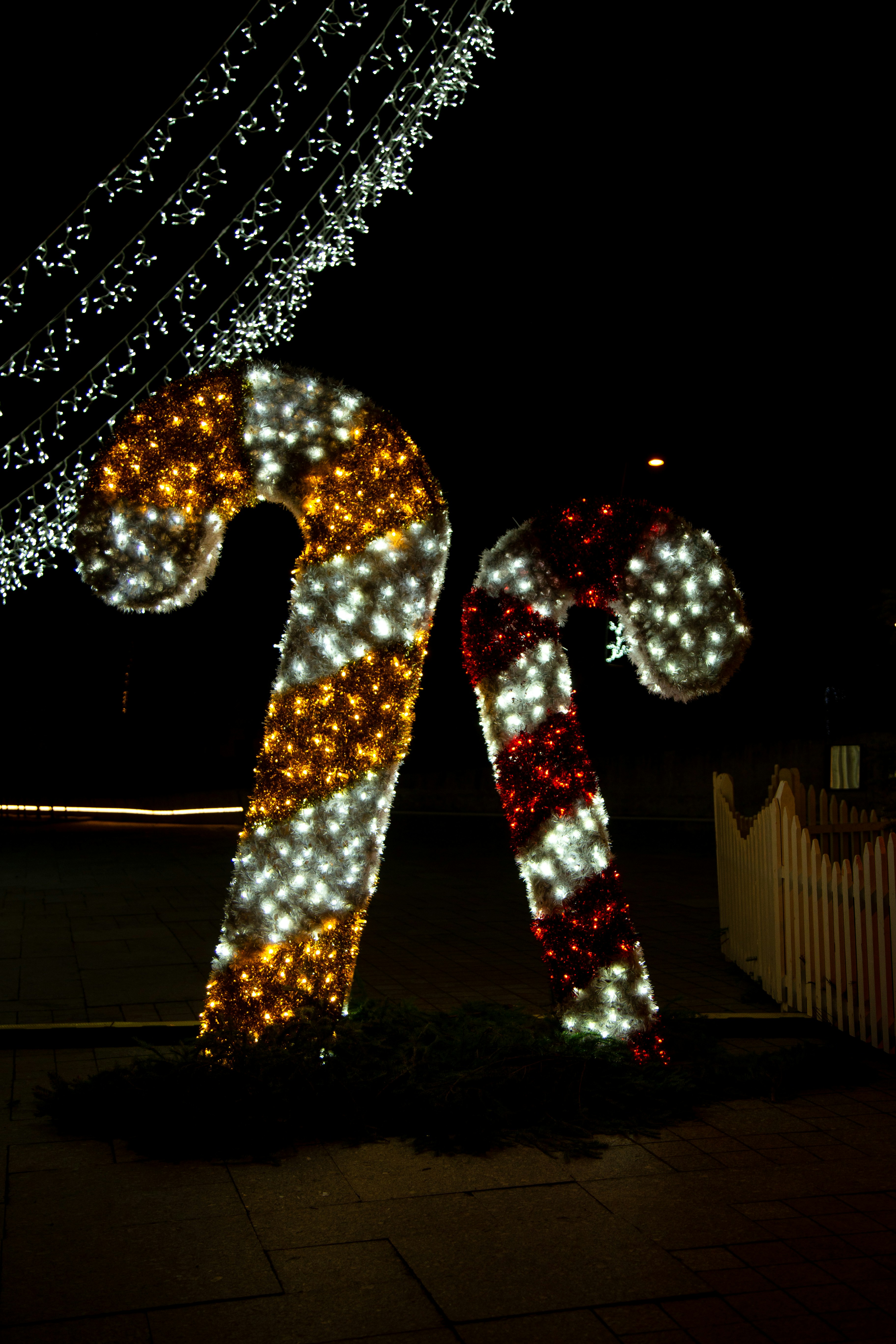 A large candy cane is lit up in the dark photo – Free Lighting Image on ...