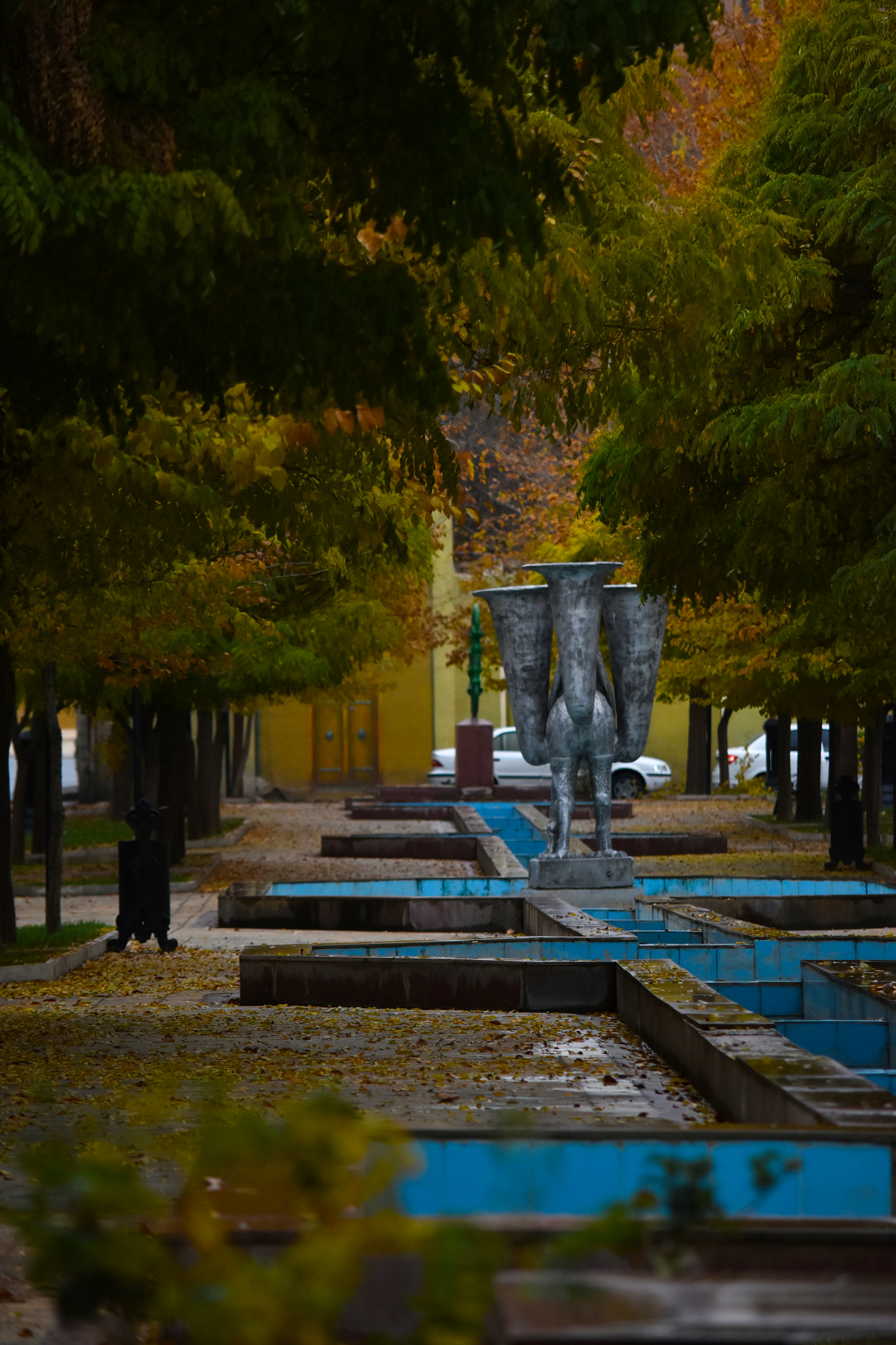 Autumn Avenue: A Silent Fountain Path Framed by Conifer Canopies