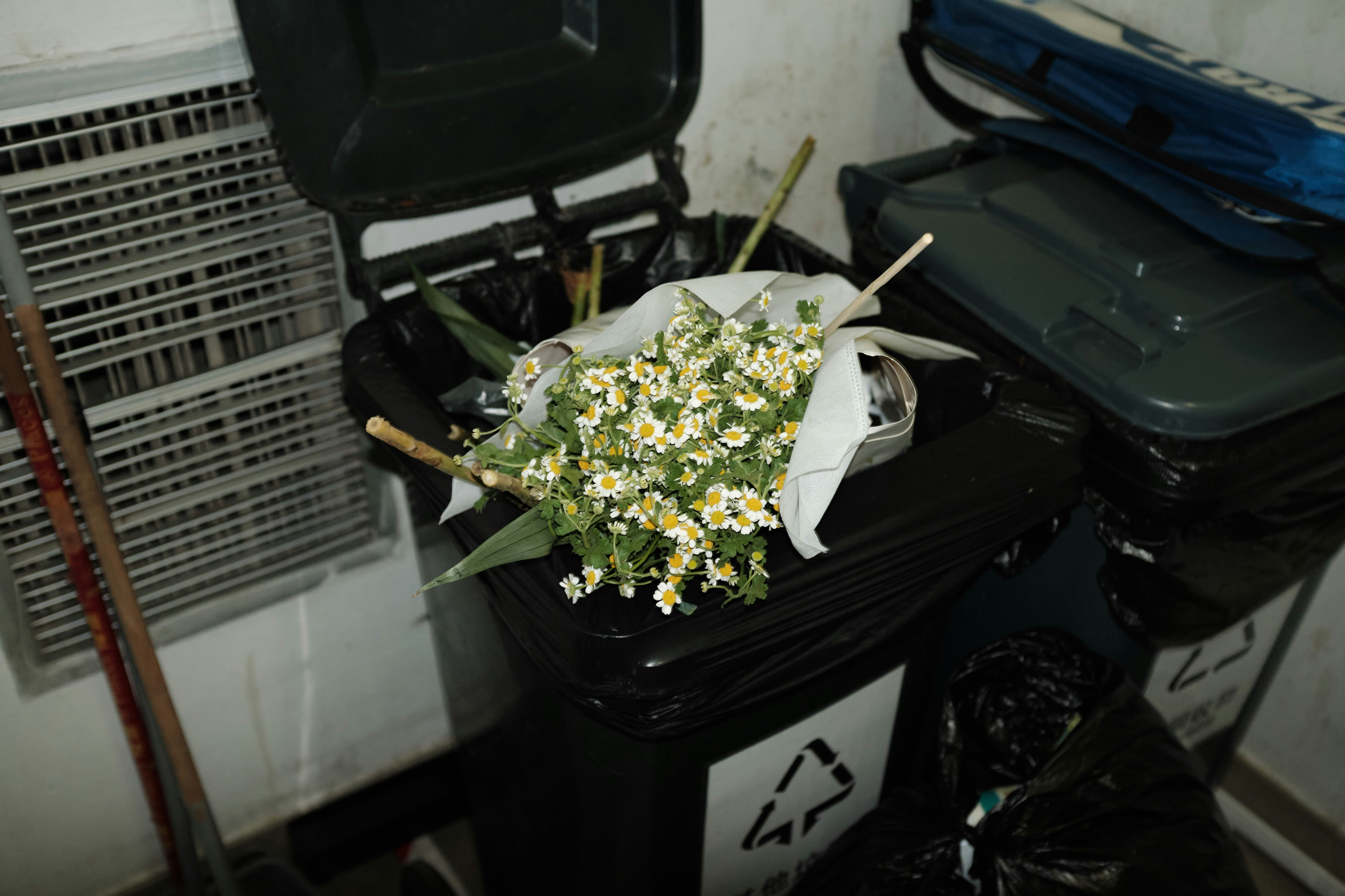 Bouquet of wildflowers resting atop trash bins in a dimly lit urban setting.