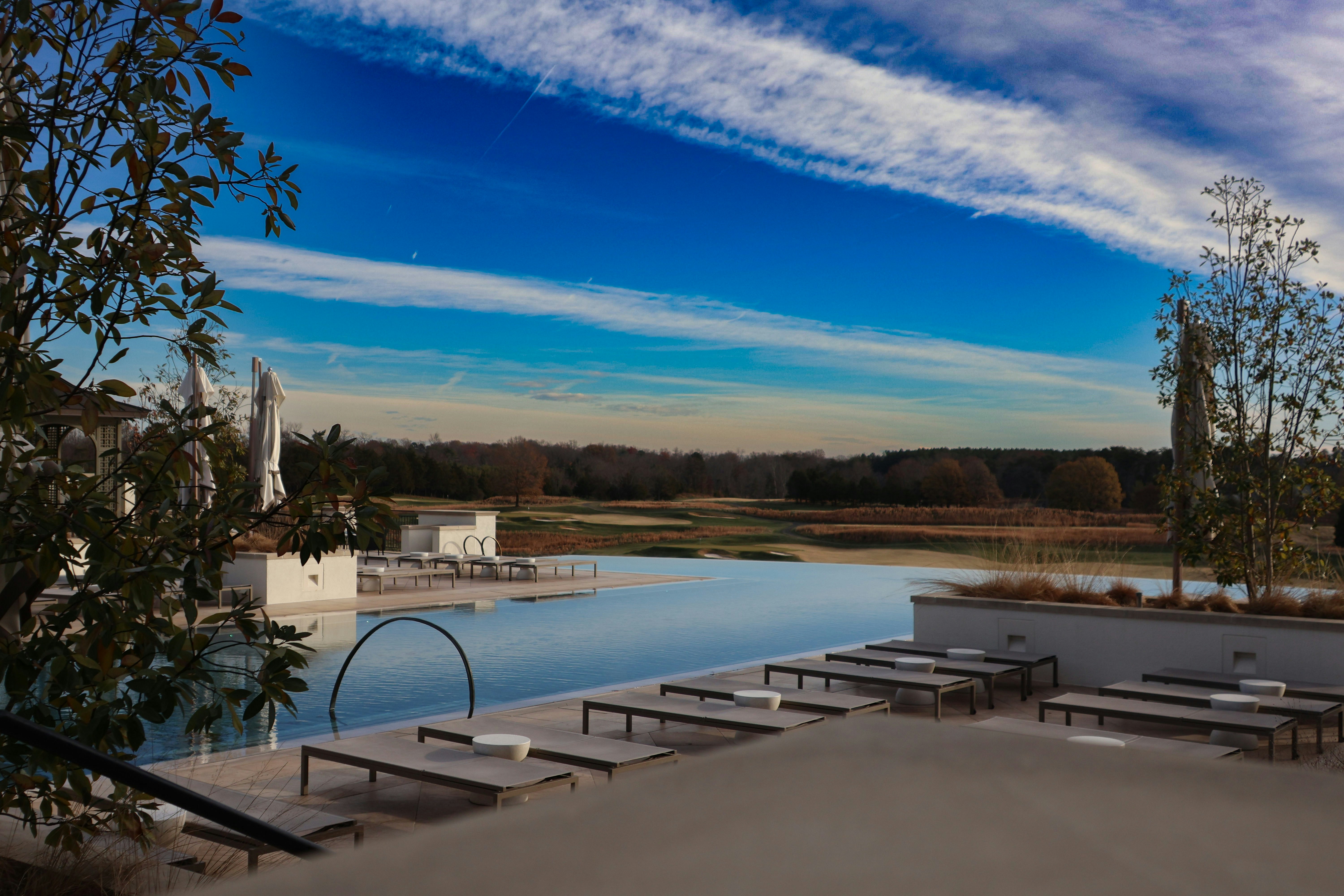 A view of a pool with benches and trees in the foreground photo – Free ...