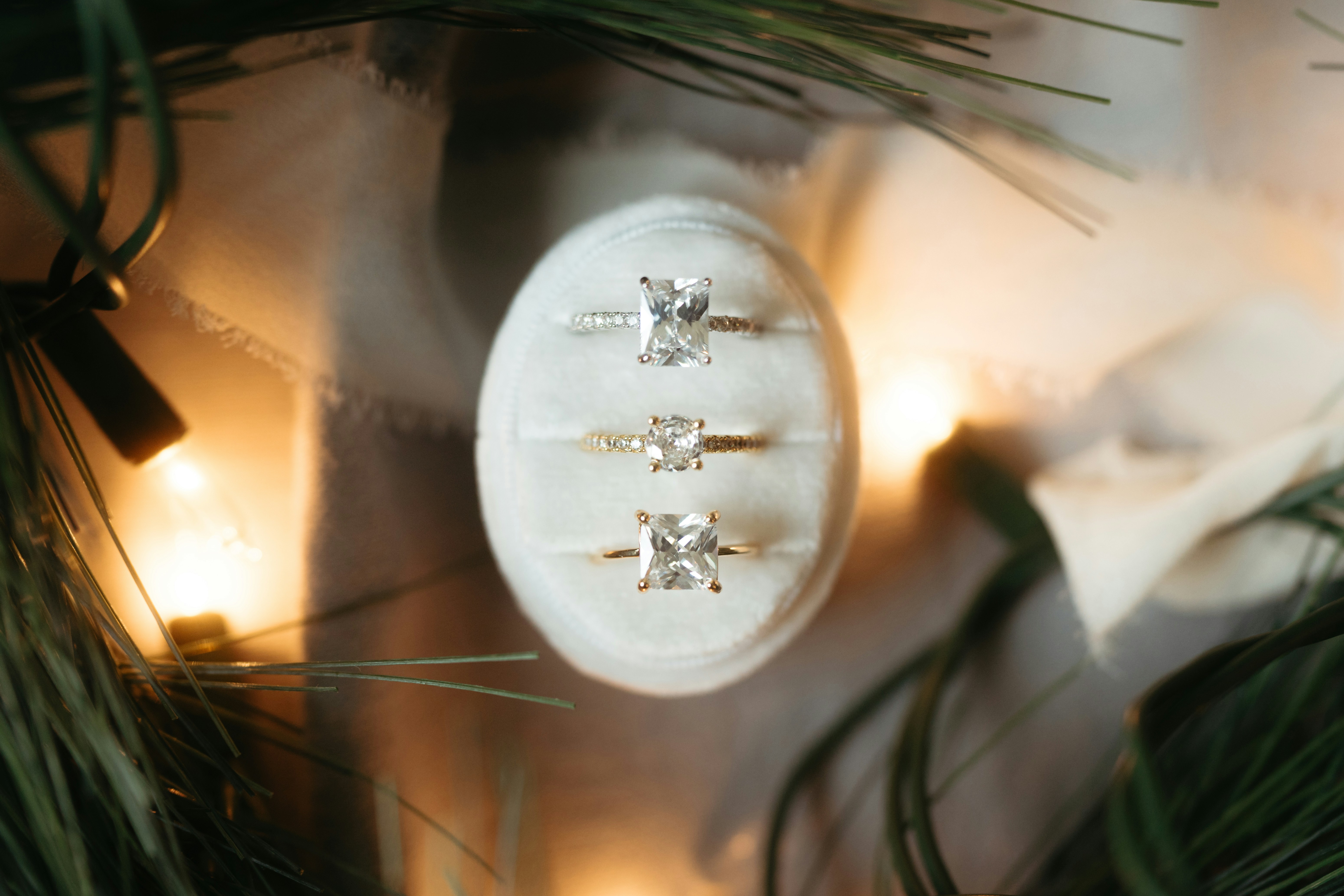 Triple Diamond Rings in a Soft Holiday Glow