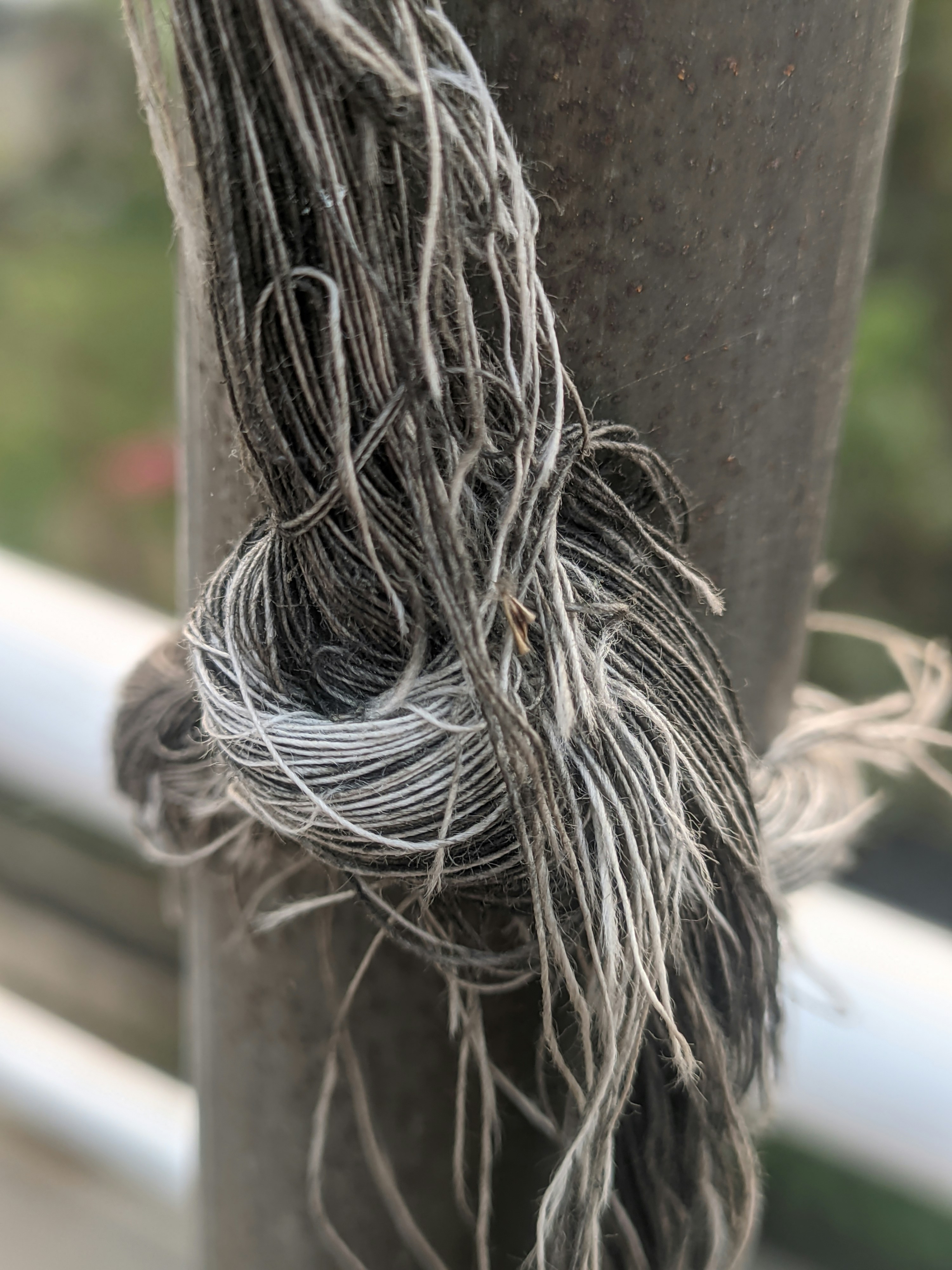 Close-up of a frayed wire rope wrapped around a metal post with a softly blurred urban background.