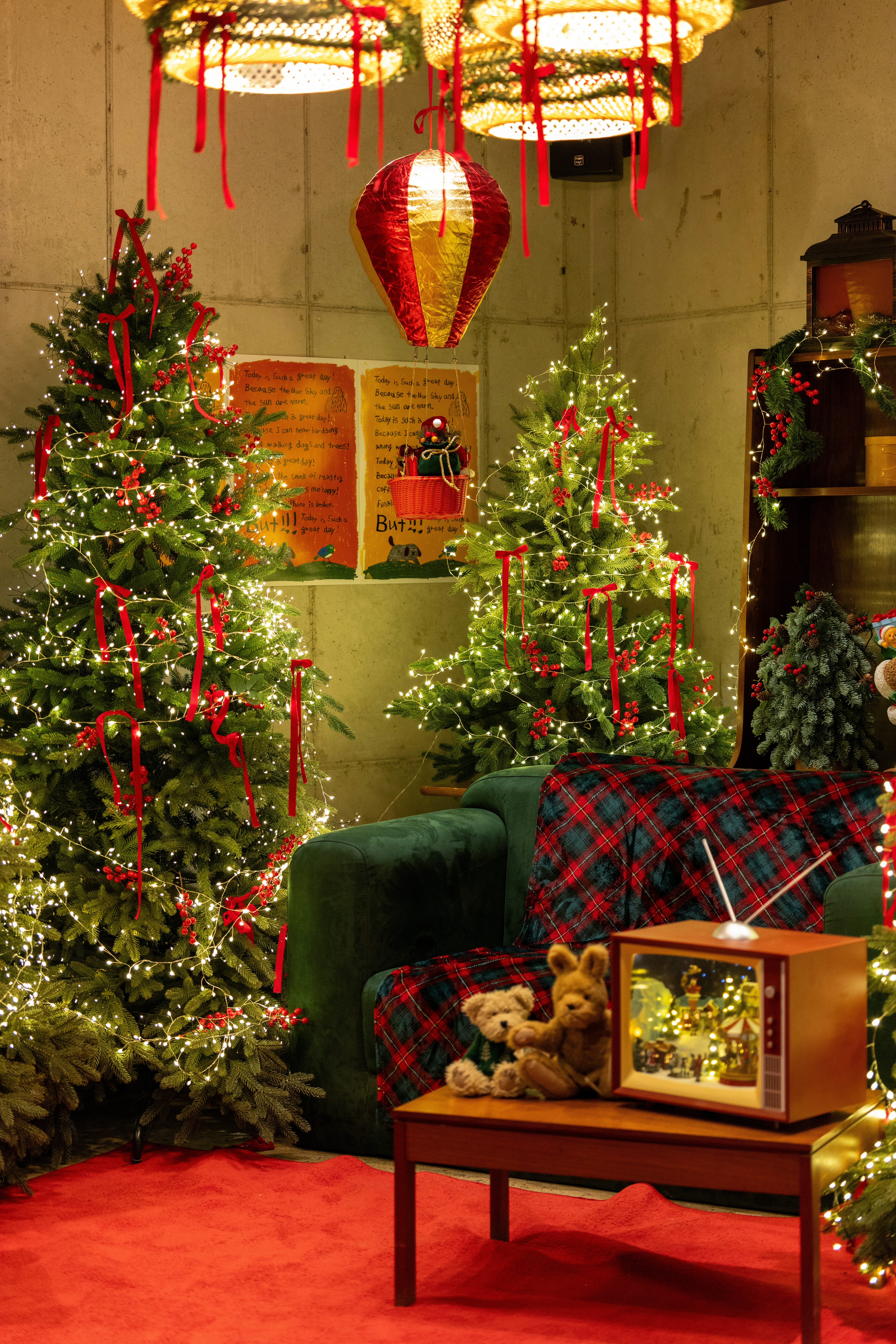 Lantern-lit Christmas Nook: Twin Trees, Teddy Bears, and a Retro TV