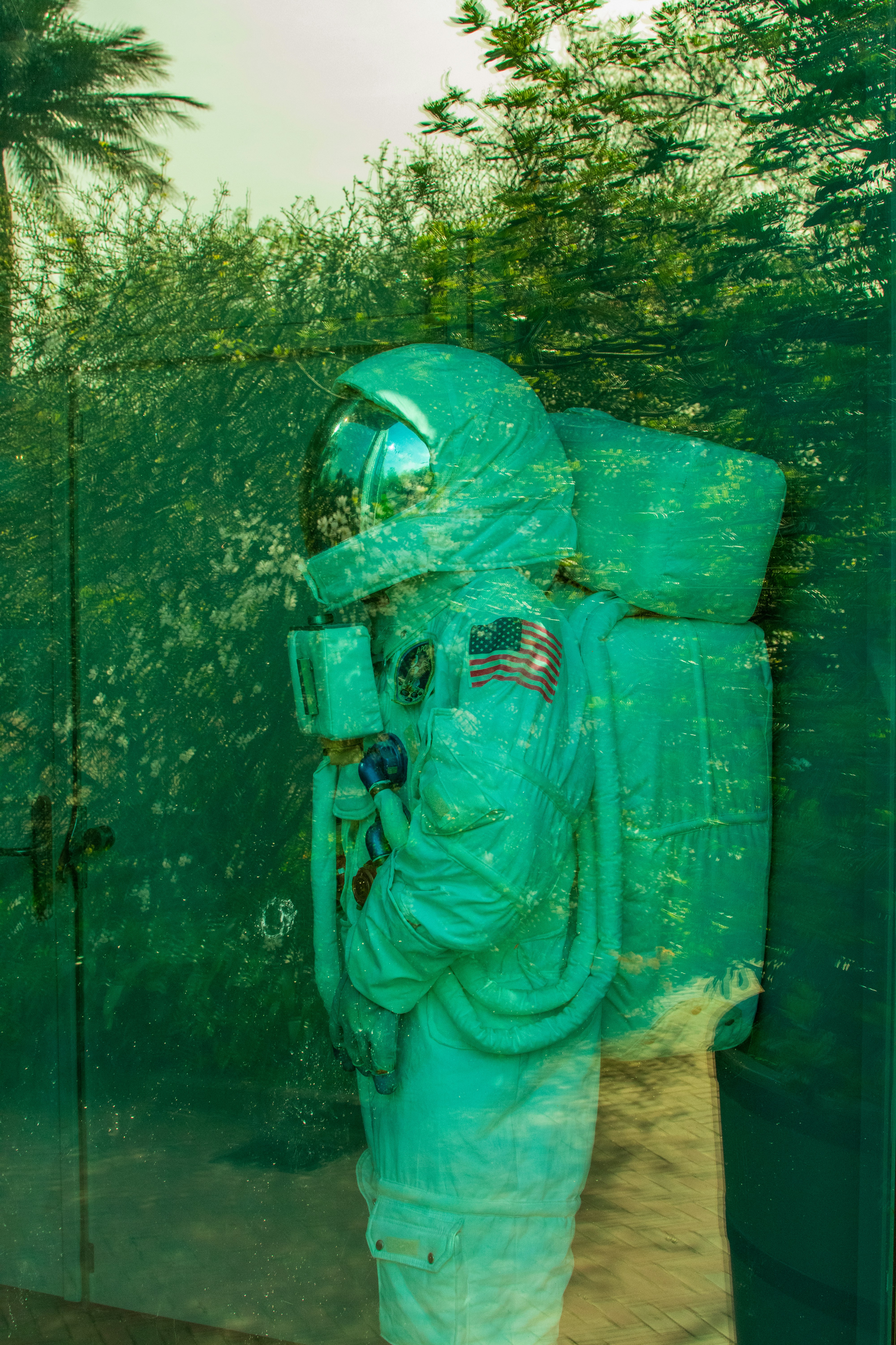 Green Echoes: An Astronaut Through a Glass Veil with Forest Reflections