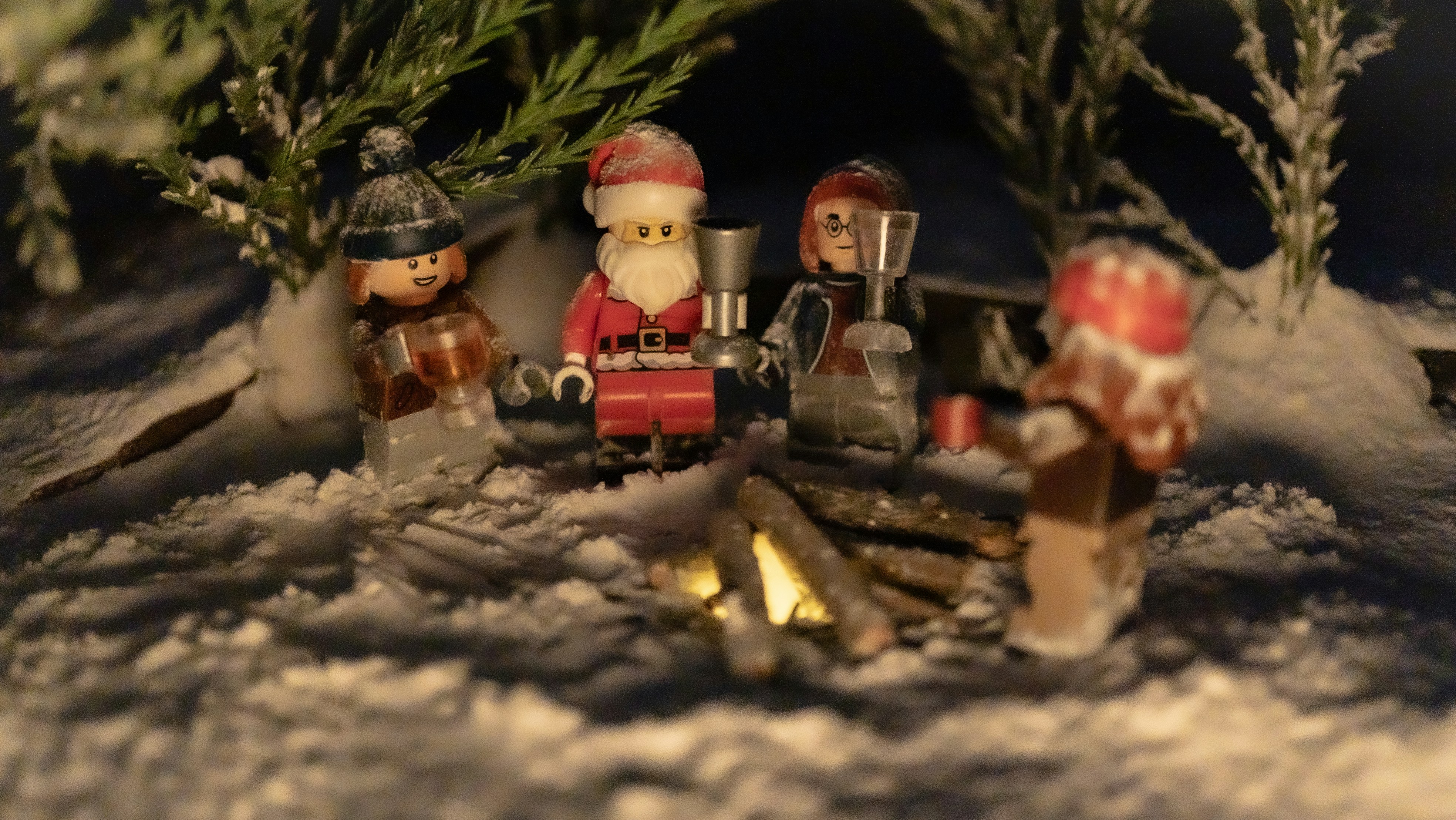 Lego Yuletide Circle: Santa and Elves by a Snowlit Campfire