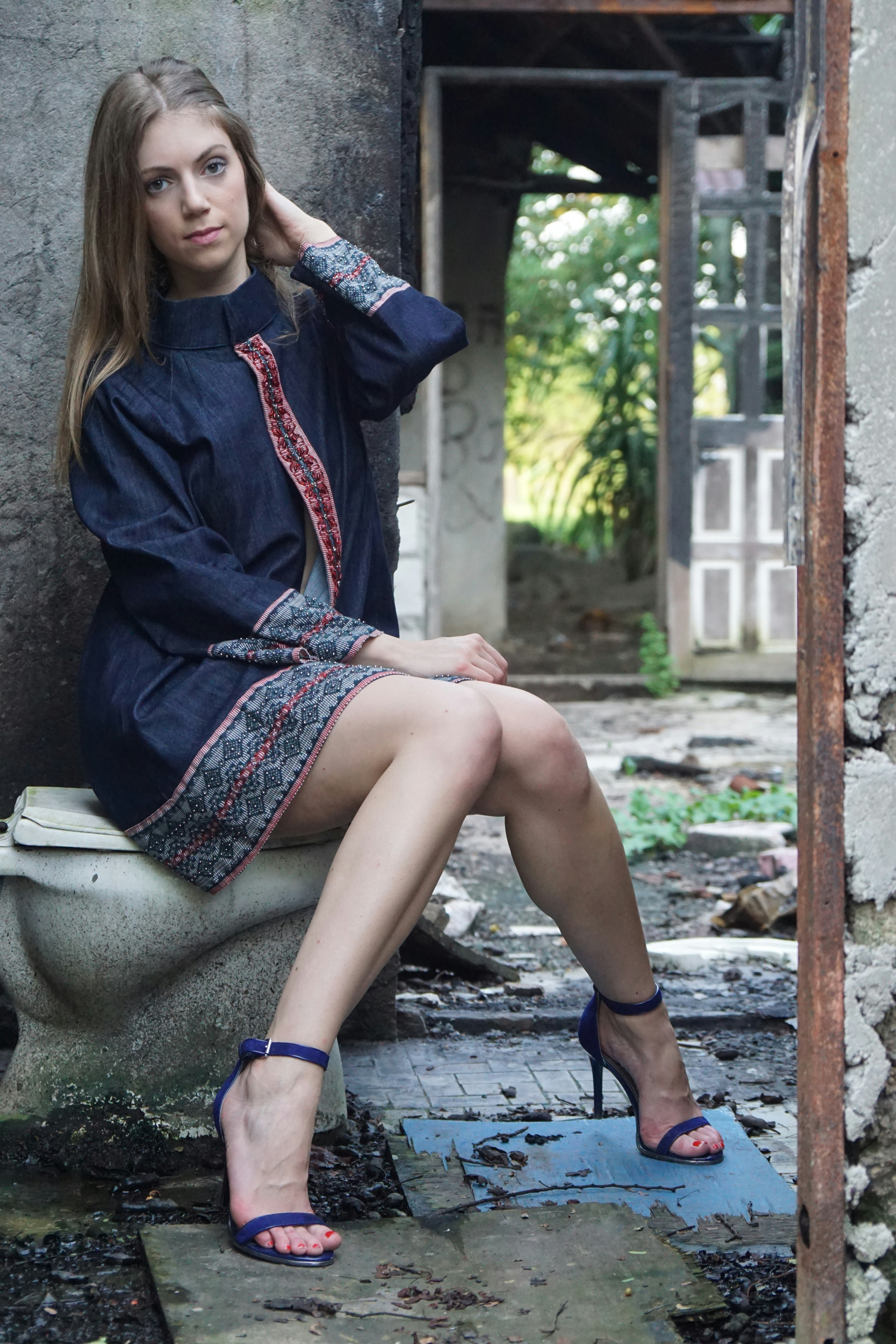 Portrait in Ruins: Quiet Confidence in Denim Dress