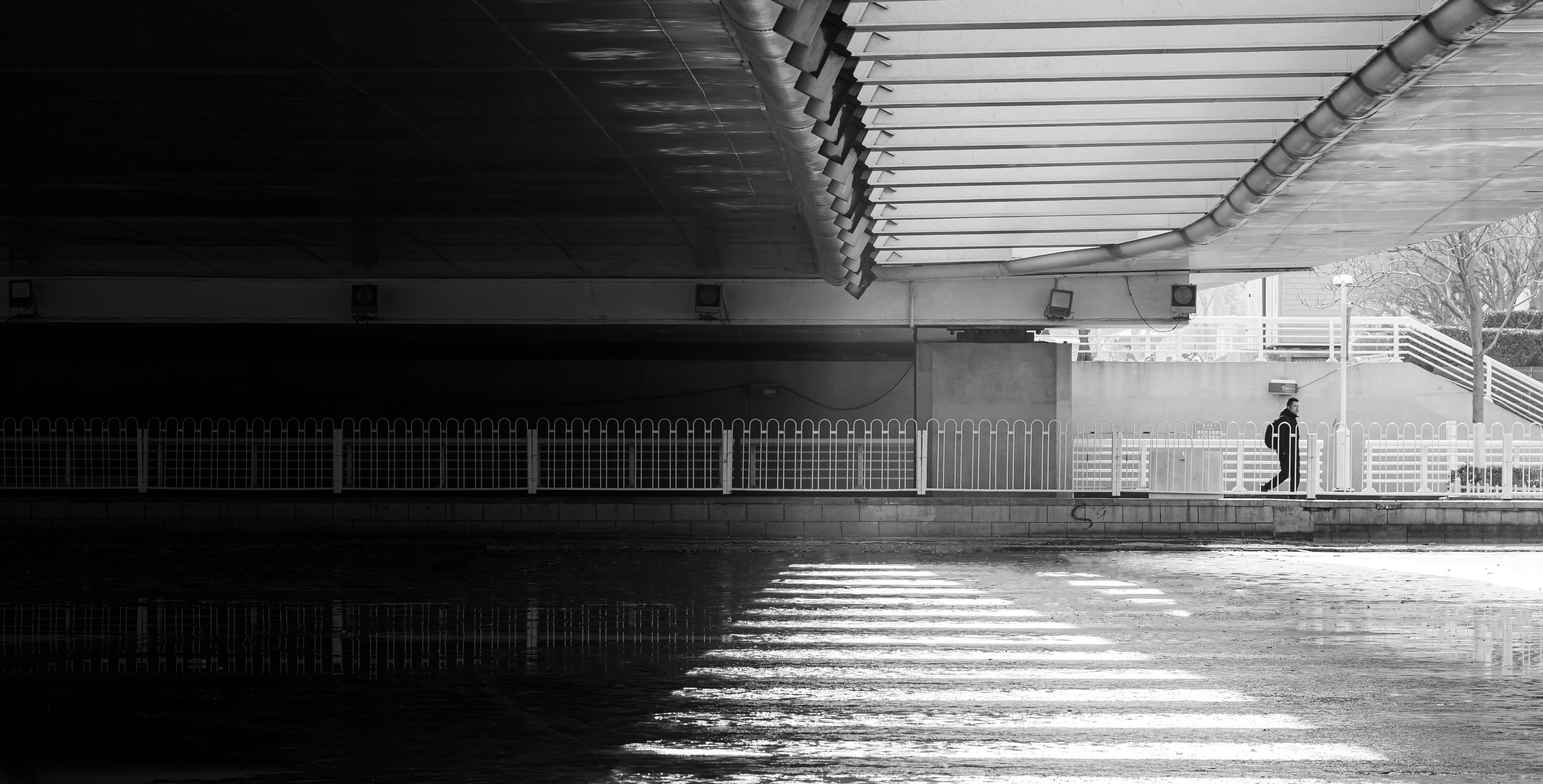 A black and white photo of a person walking under a bridge photo – Free ...