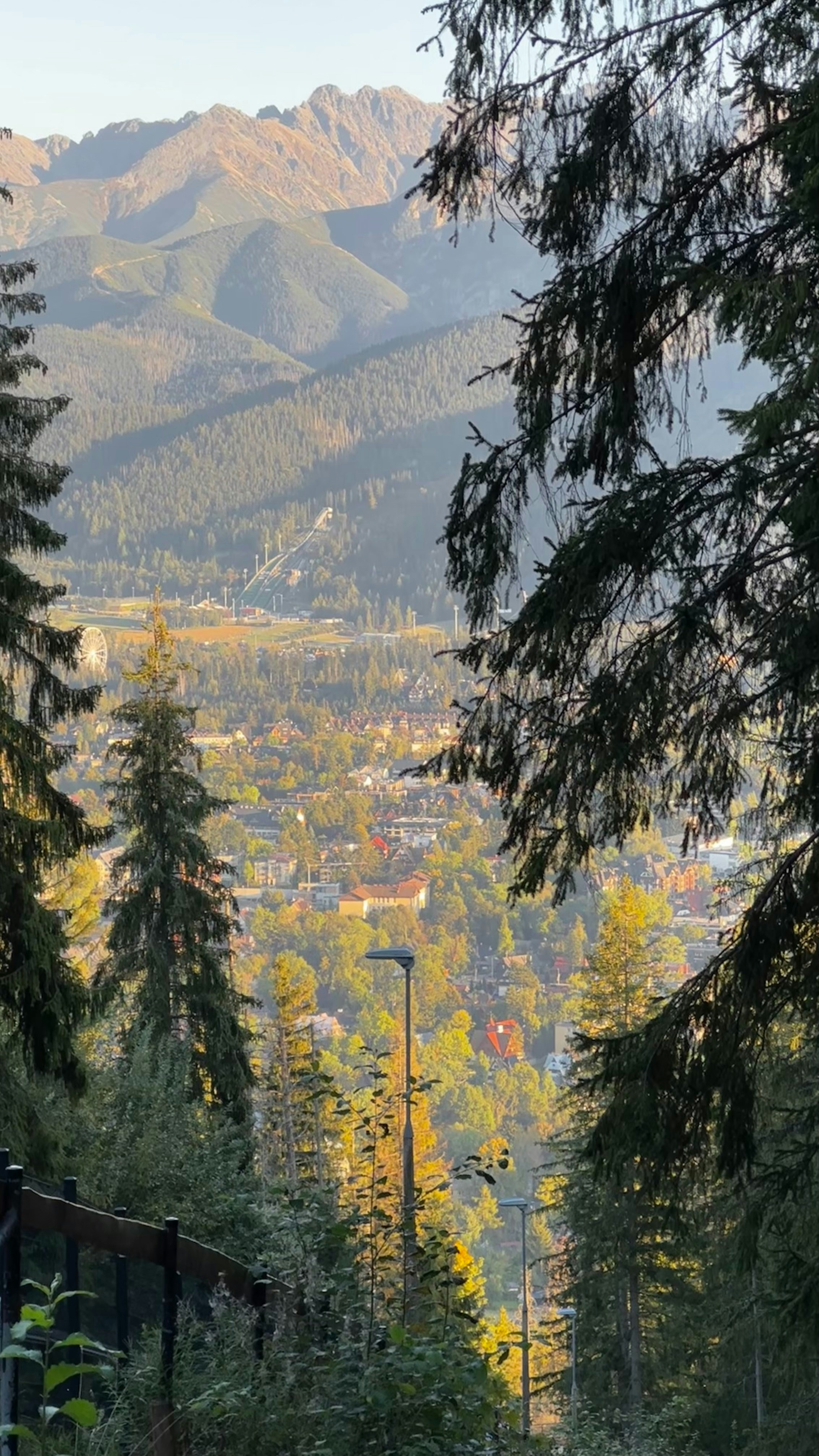 Pine-Framed Valley: a sunlit town beneath alpine peaks