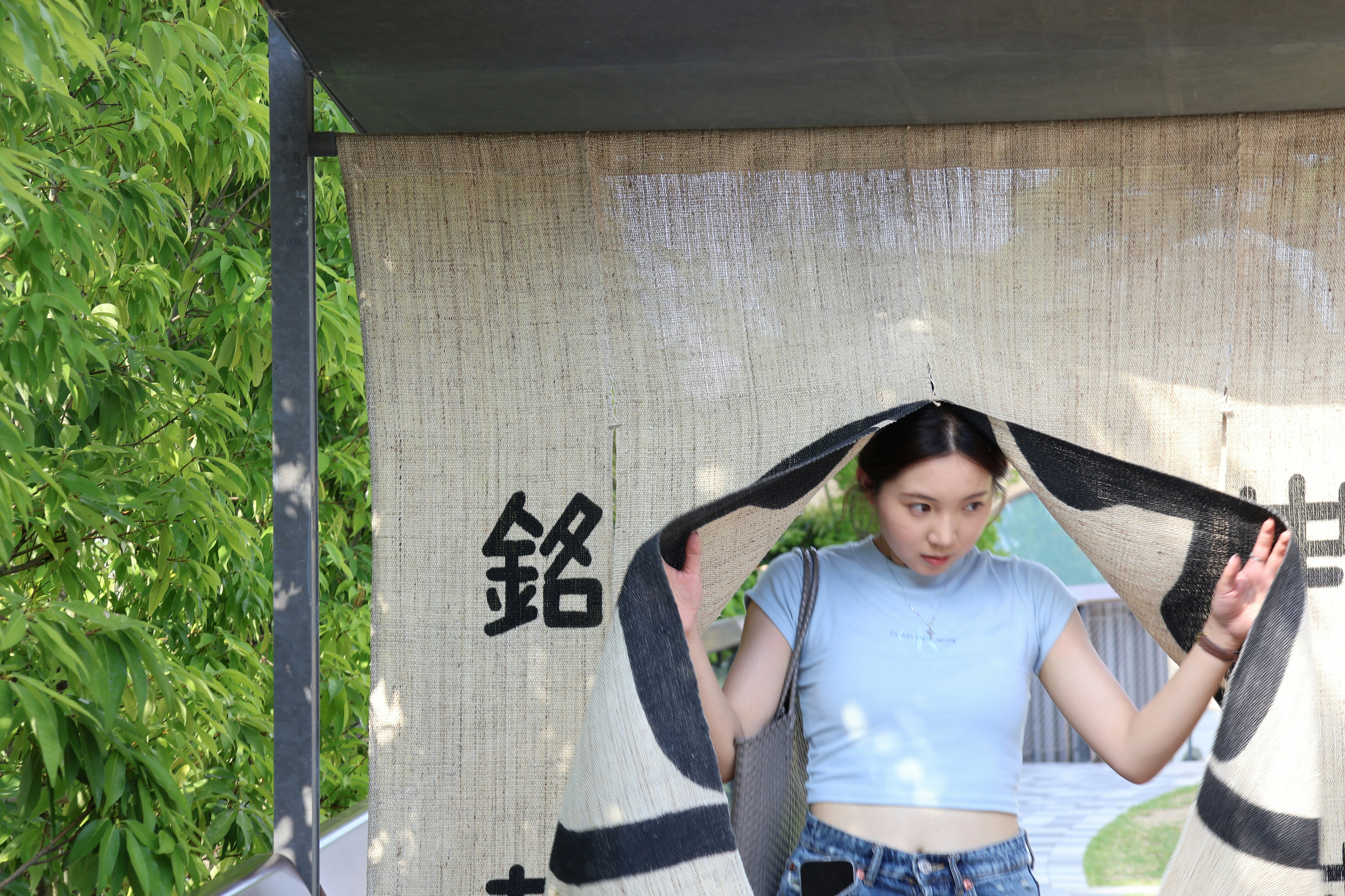 Person peeking through a fabric curtain with Japanese characters, framed by lush greenery.