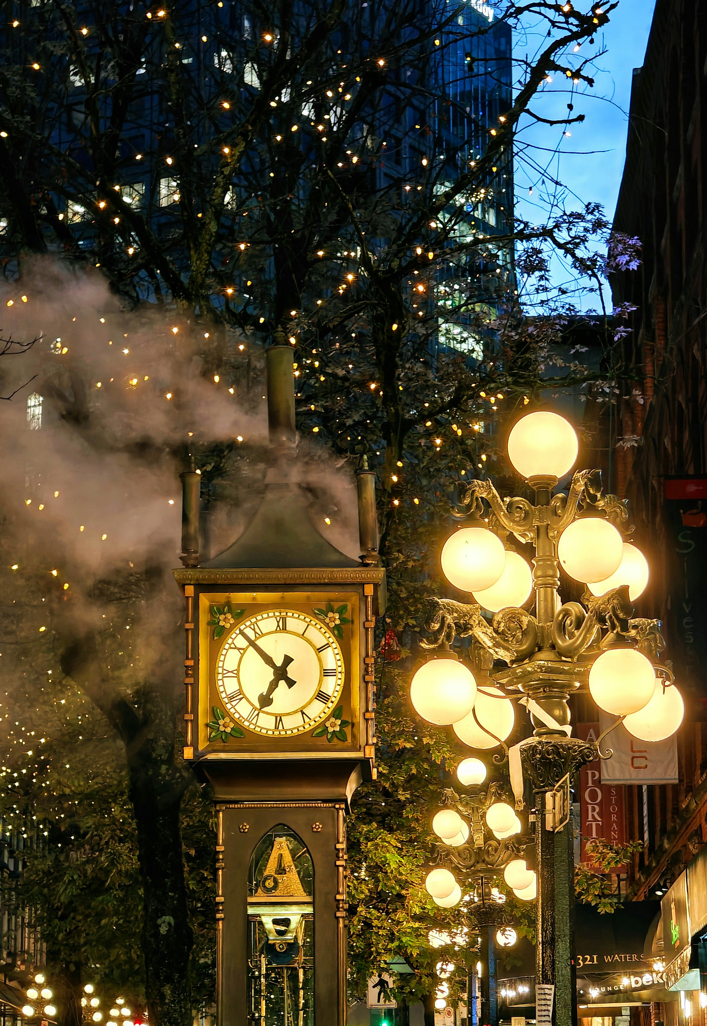 Gaslight Pulse: Steam Clock Amid Neon Orbs in Gastown at Dusk
