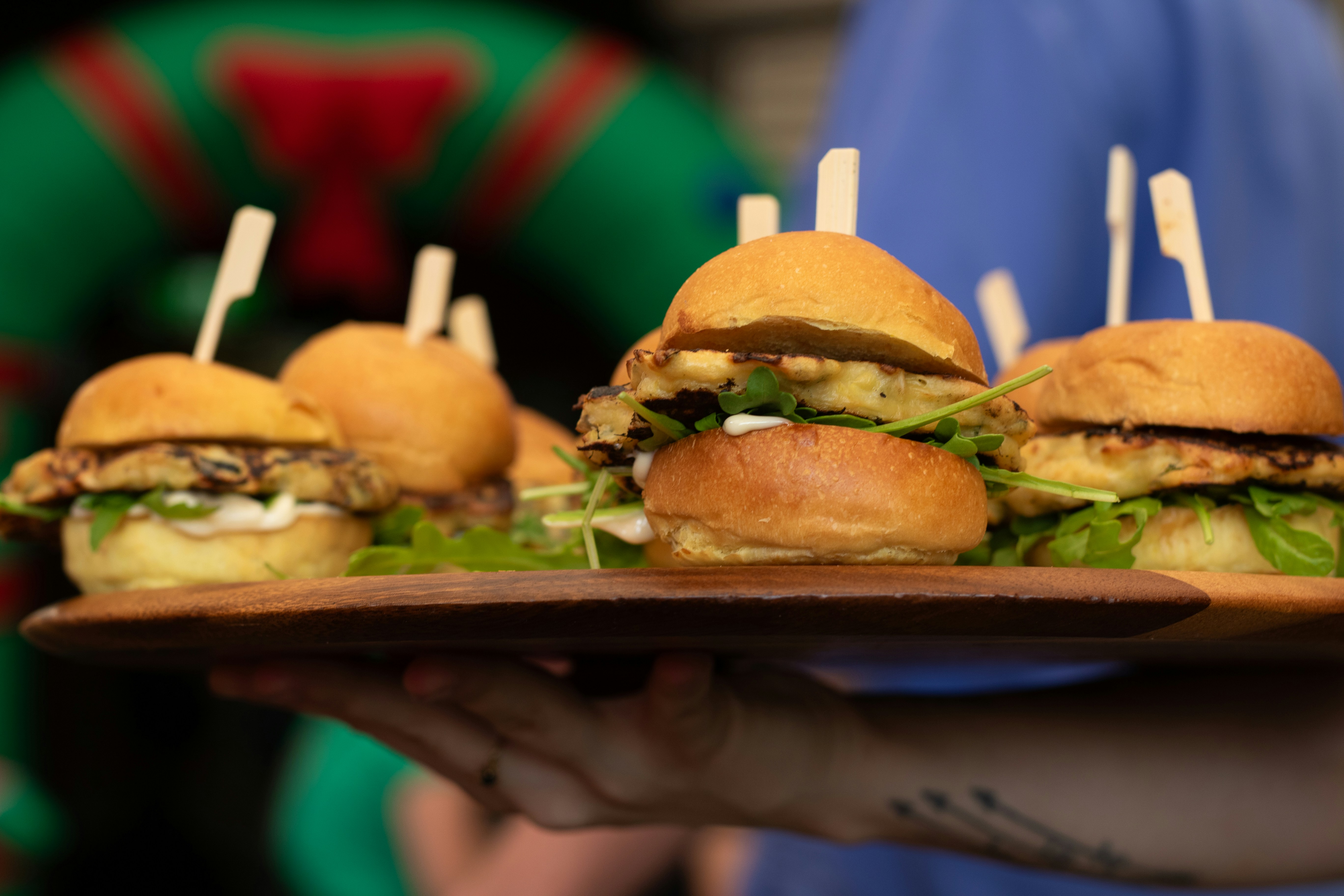 Center Plate Trilogy: Skewered Mini Burgers on a Rustic Wooden Tray