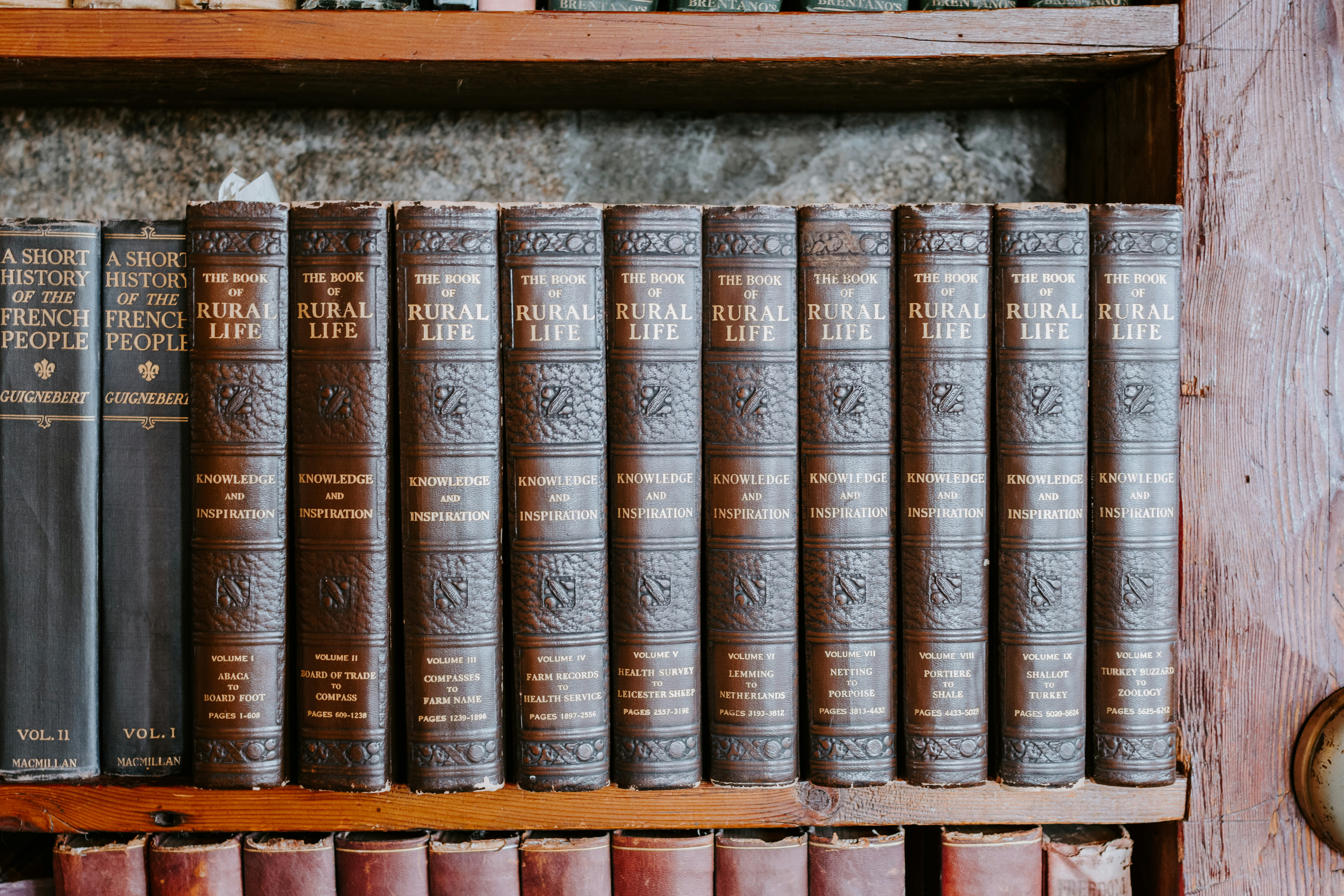 Row of vintage encyclopedias with weathered spines on a wooden shelf.
