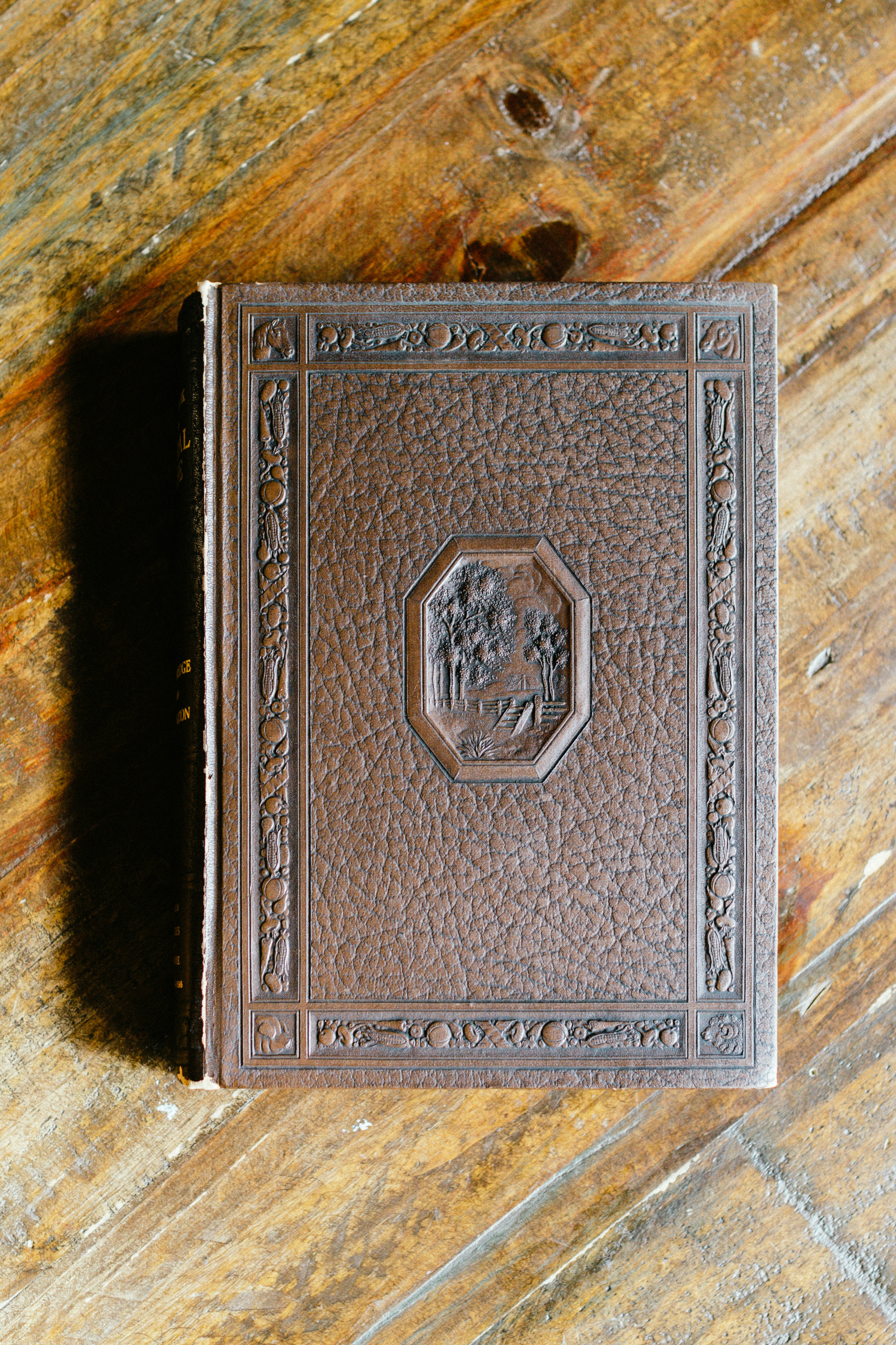 Ornate brown leather book with embossed floral design resting on a rustic wooden surface.