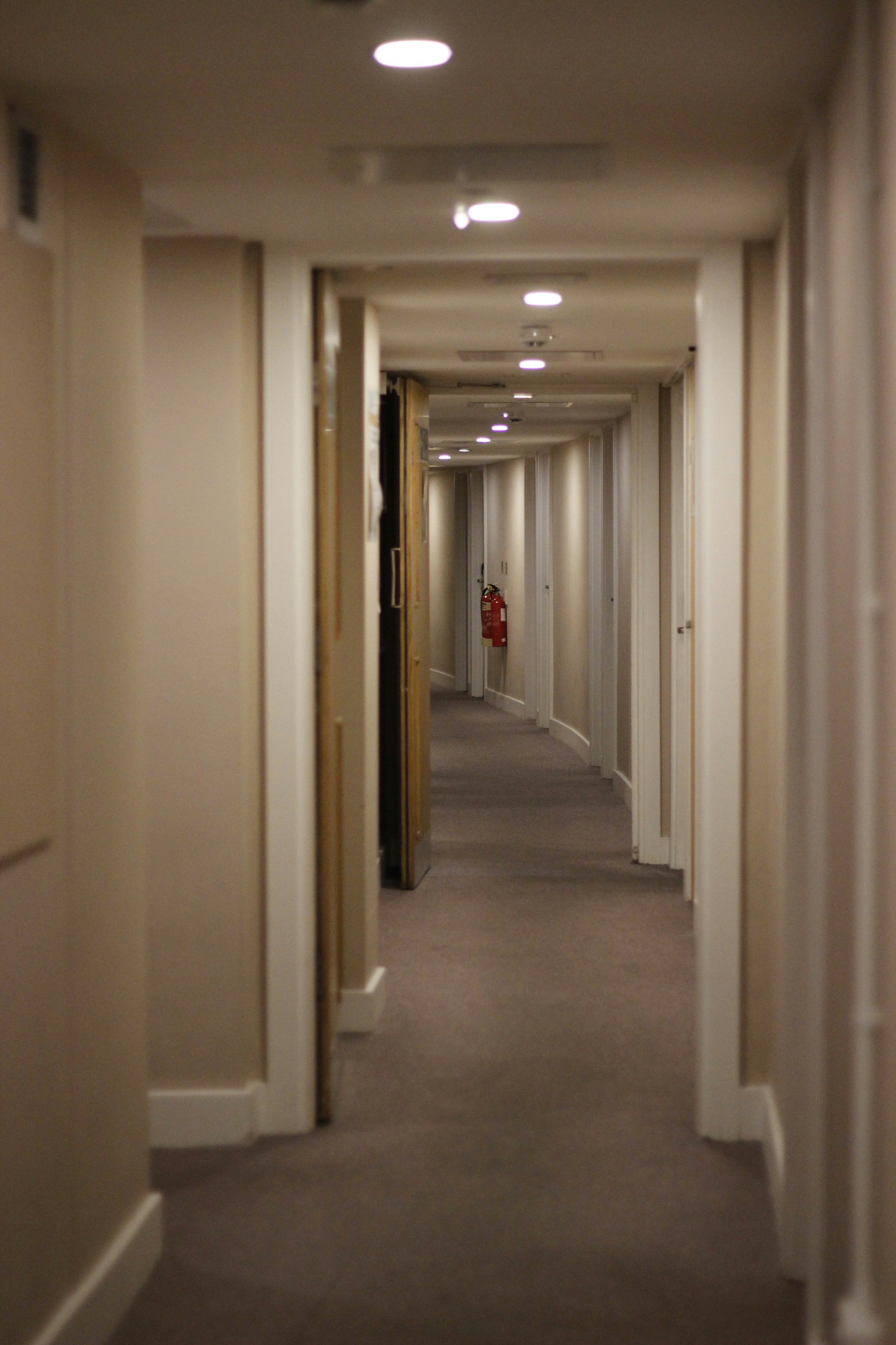 A long hallway with a light on the ceiling photo – Free Horror Image on ...