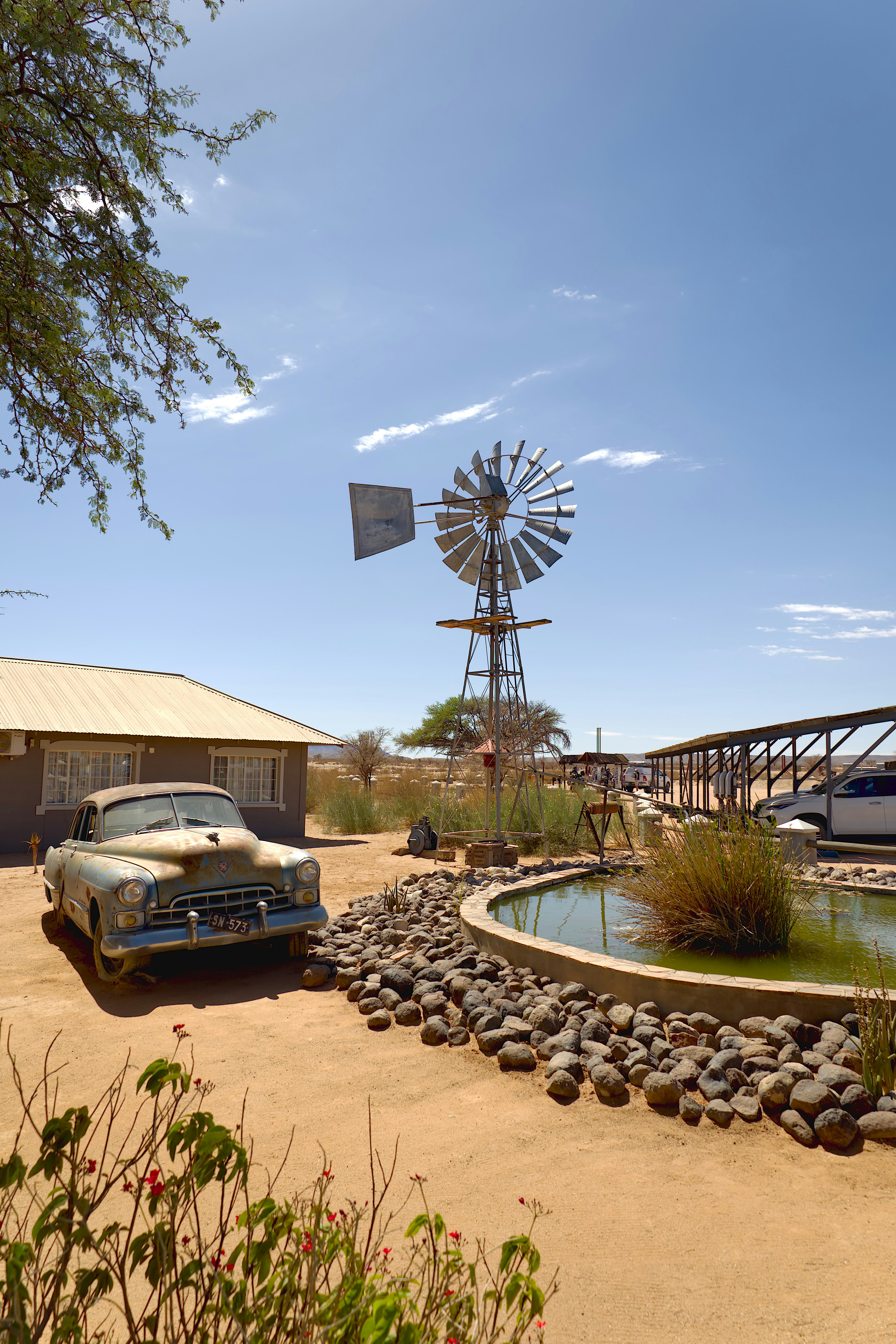 Desert Windmill Vista: A Rusted Car by a Pebble Ring Pond