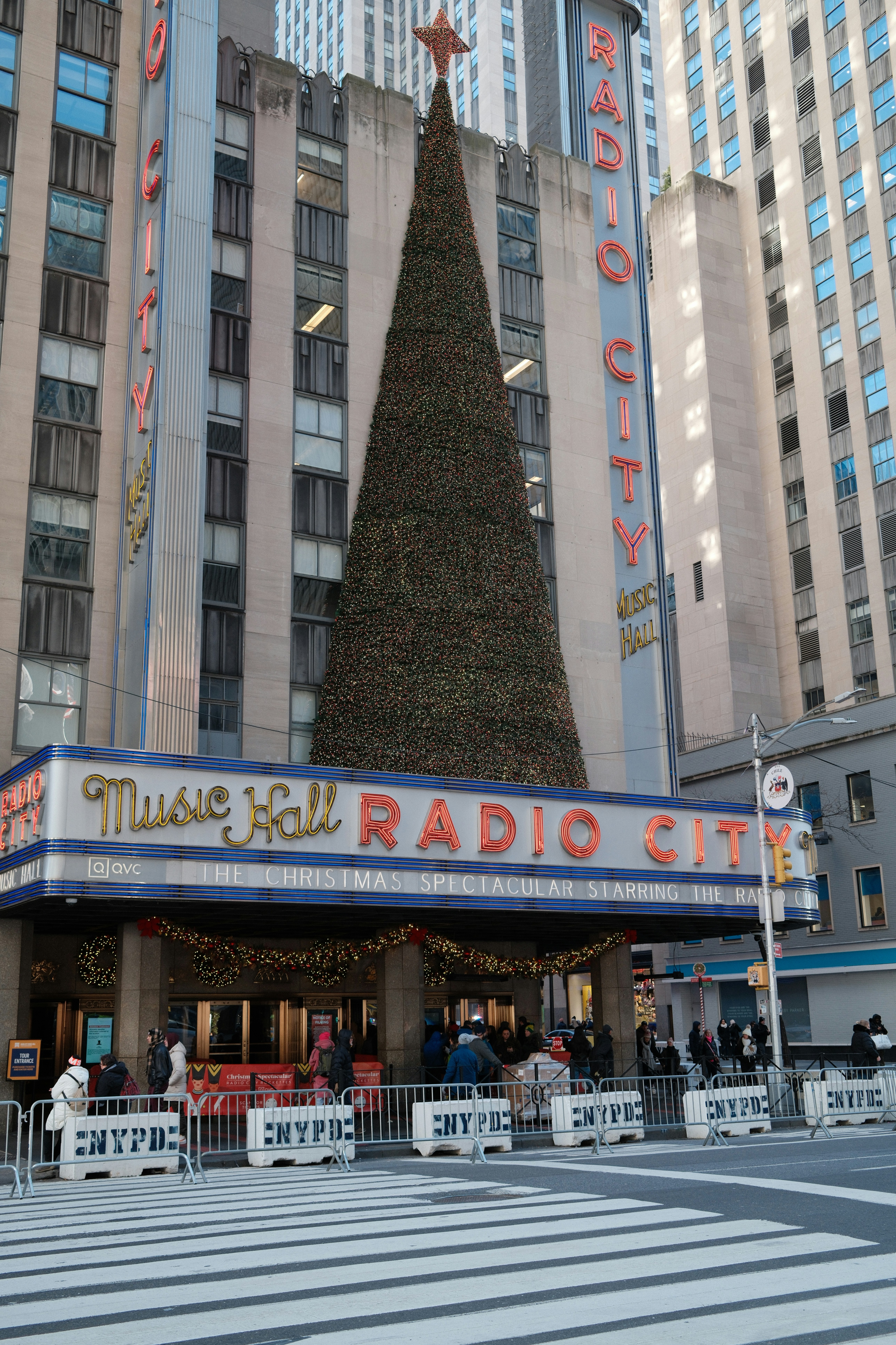 Christmas Tree Crowned with Star Above the Radio City marquee