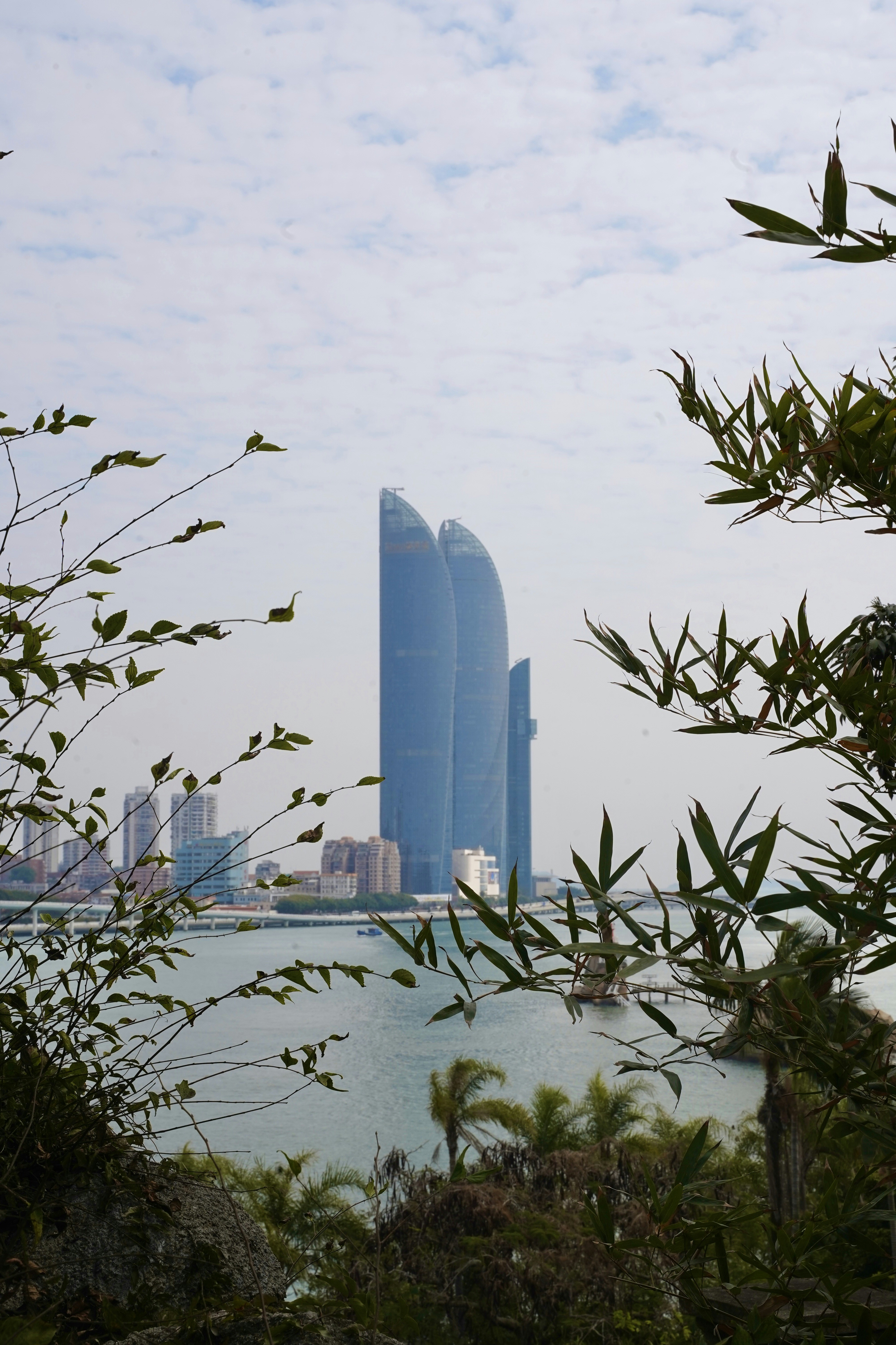 Framed Skyline: Twin Glass Arches Rising Over a Calm Marina