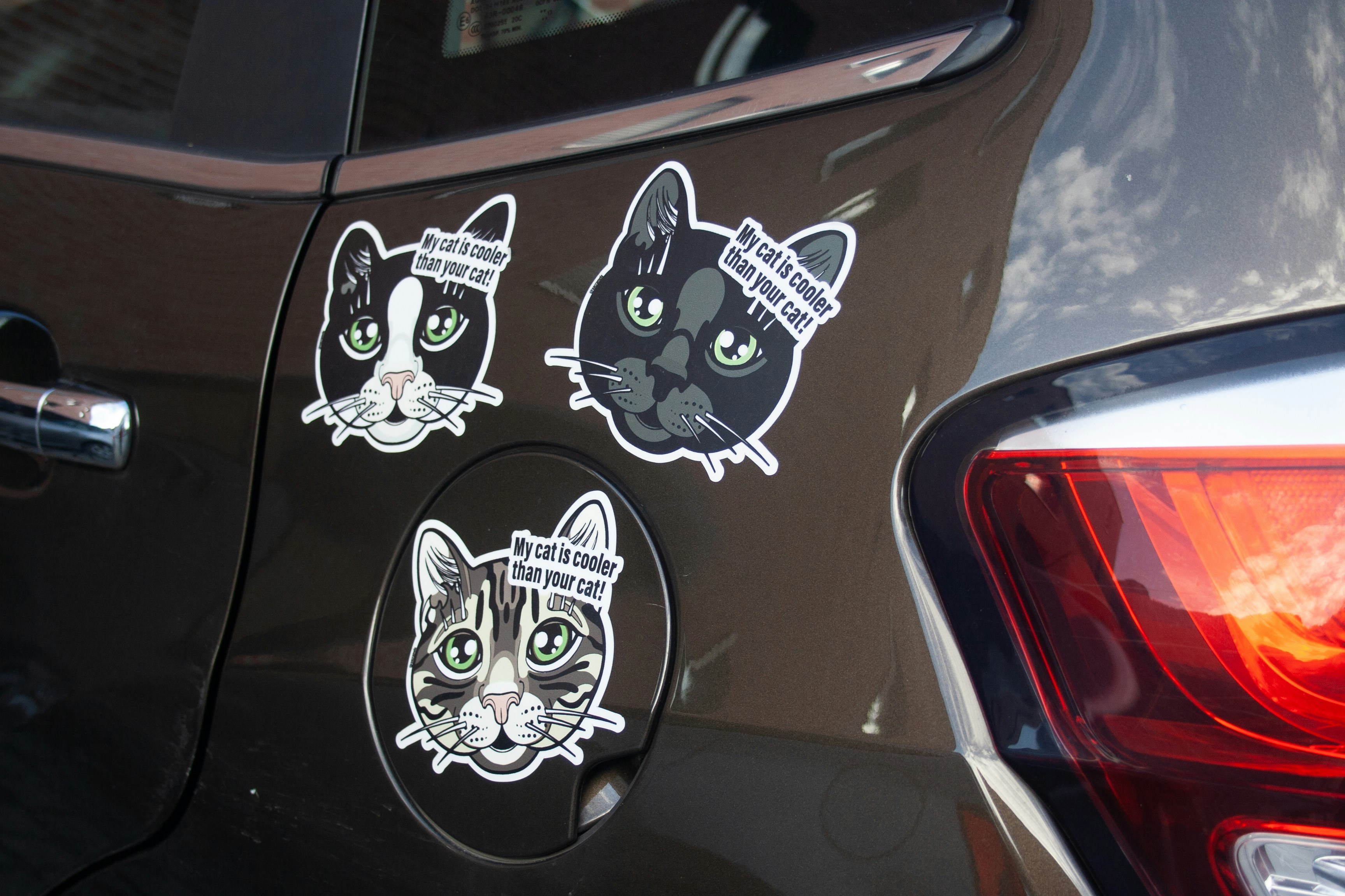 Trio of Cartoon Cat Stickers Brighten a Brown SUV Tailgate
