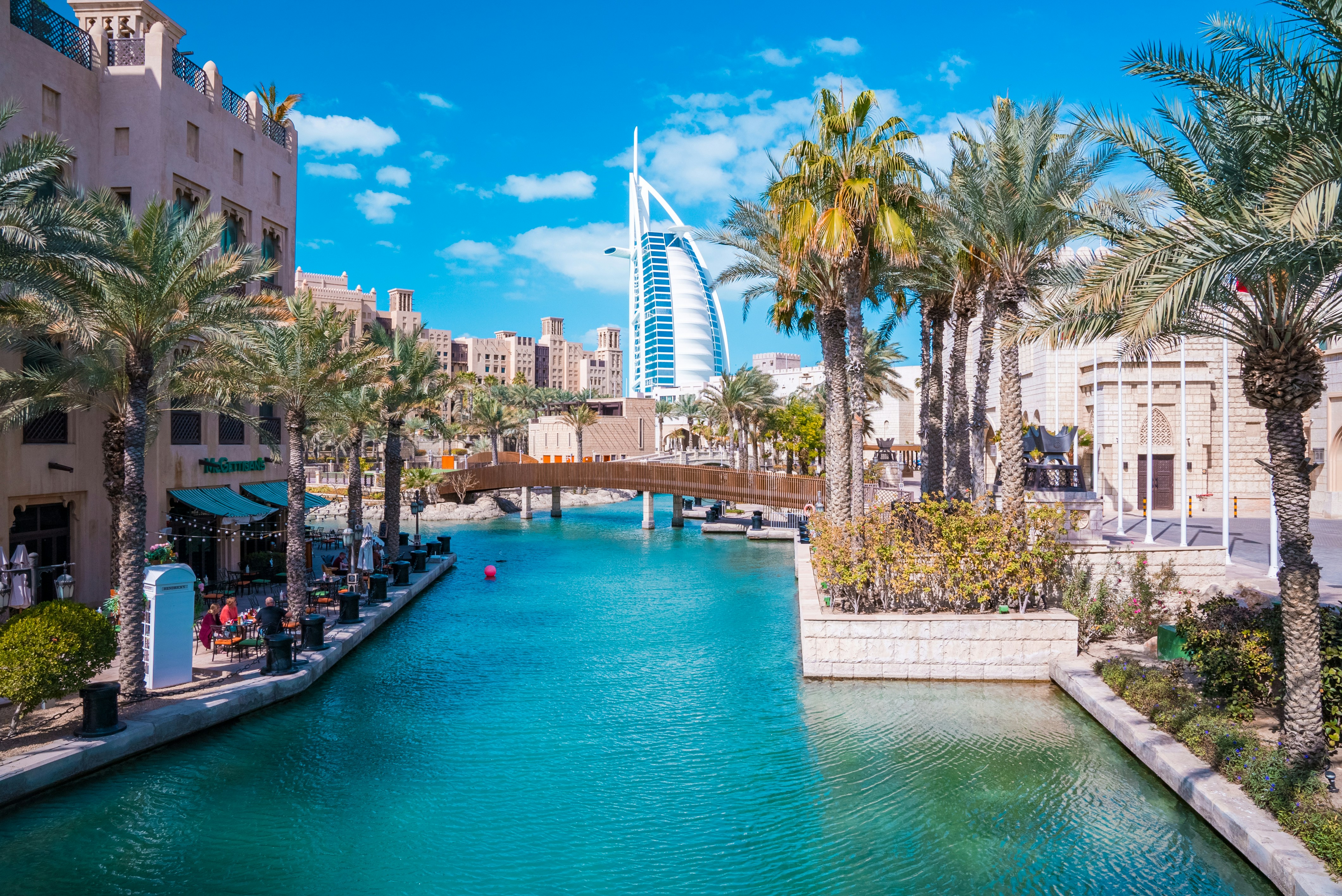 View of the Burj al Arab luxury hotel seen from Medinat Jumeirah