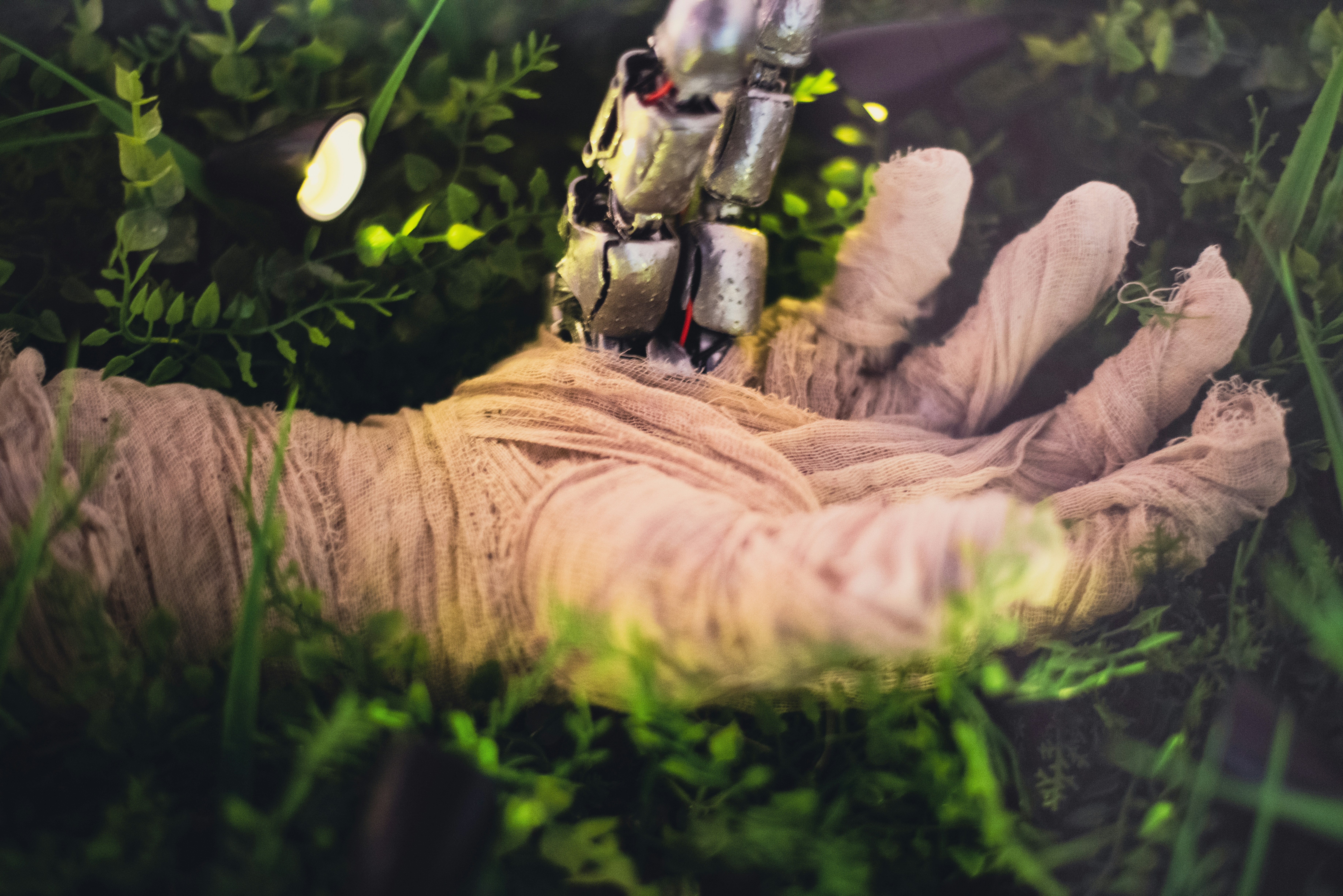 Submerged Glove and Tiny Mechanism Beneath Emerald Underwater Foliage