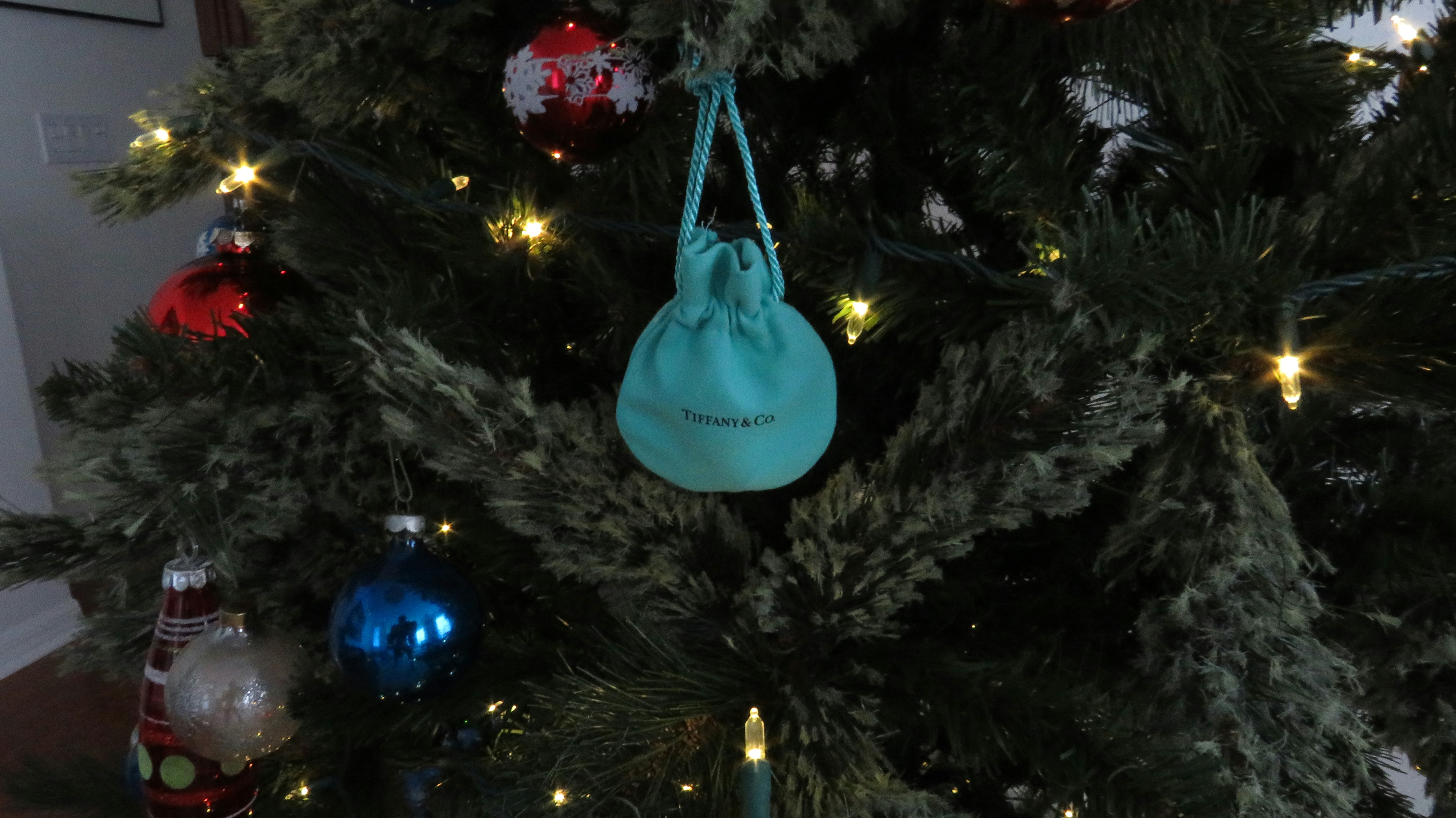 Teal Tiffany & Co Pouch Dangles Through Christmas Tree Lights