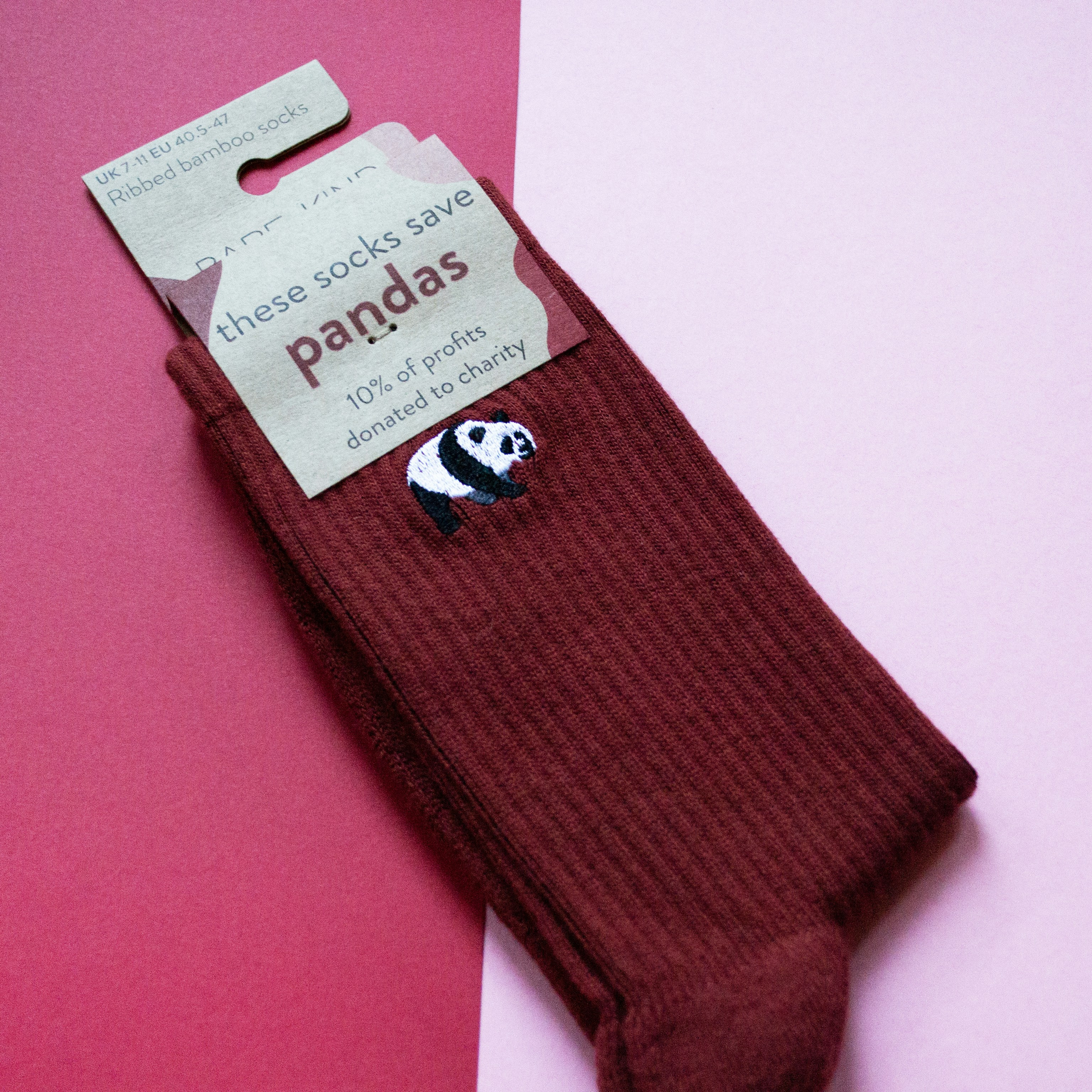 Panda Label on Crimson Sock Unfolds Across a Two-Tone Pink Canvas