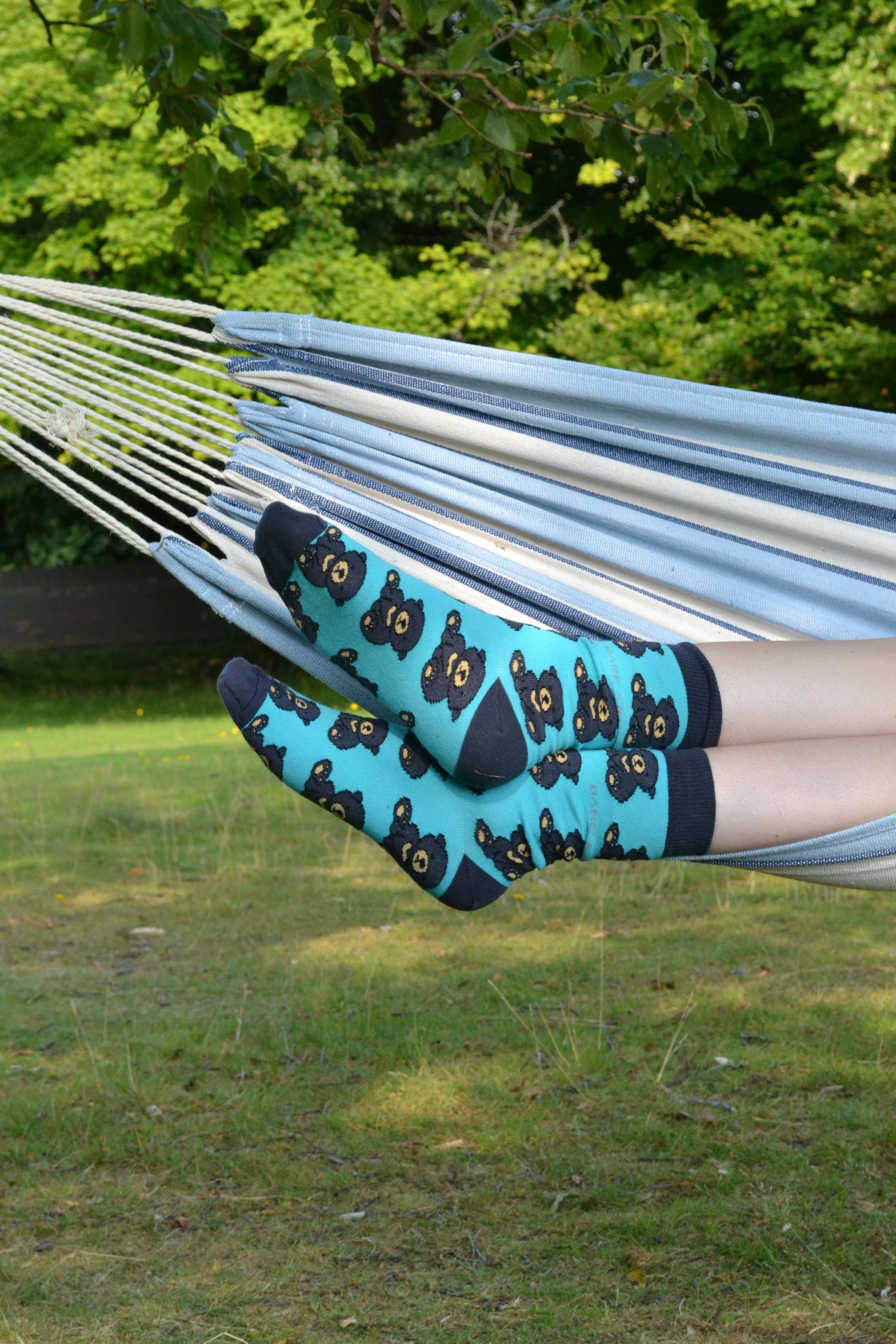 Turquoise Panda-Socked Relaxation: Hammock Drift in a Quiet Park