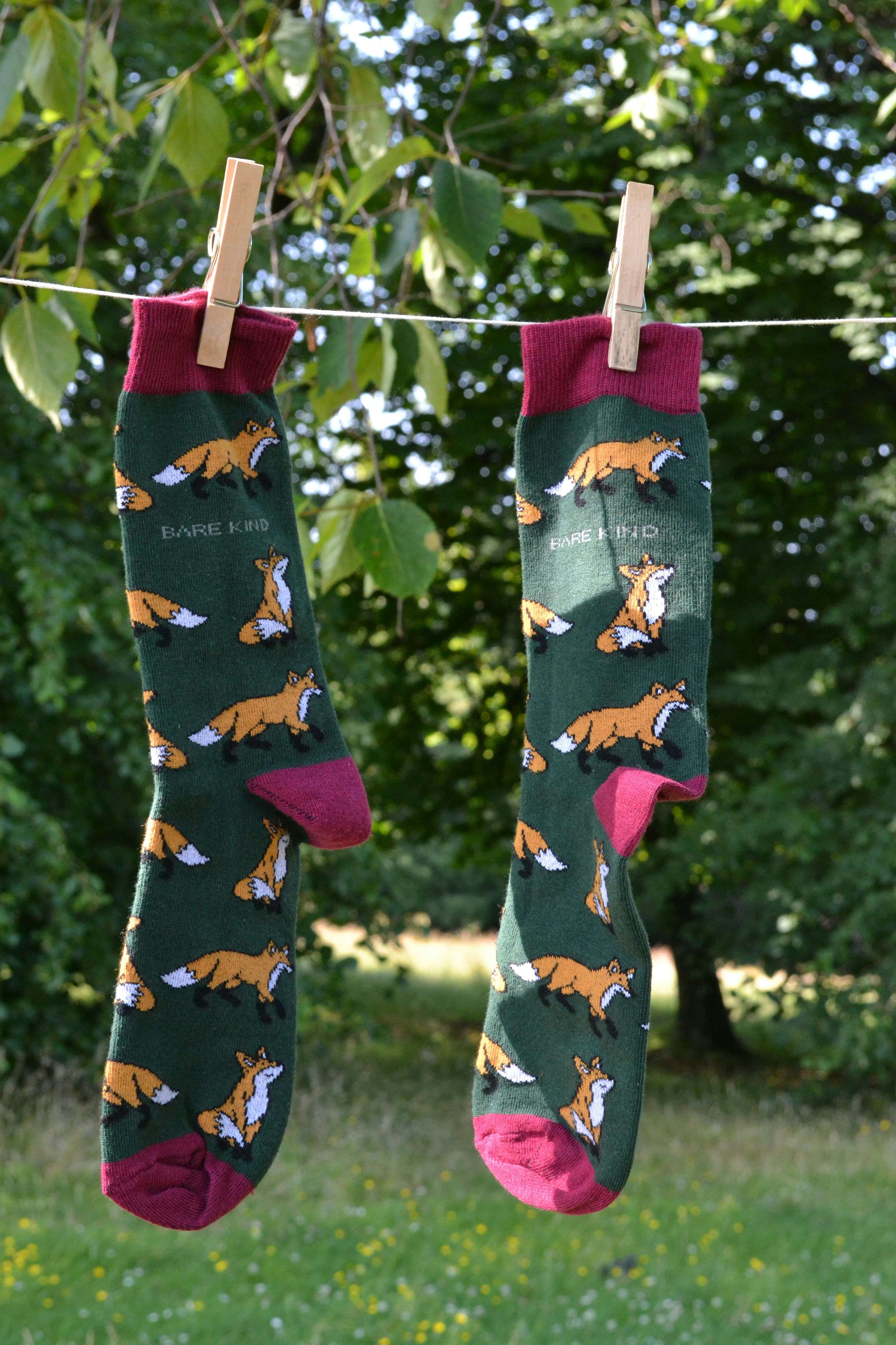 Fox-Patterned Socks Swing on a Sunlit Clothesline in a Quiet Garden