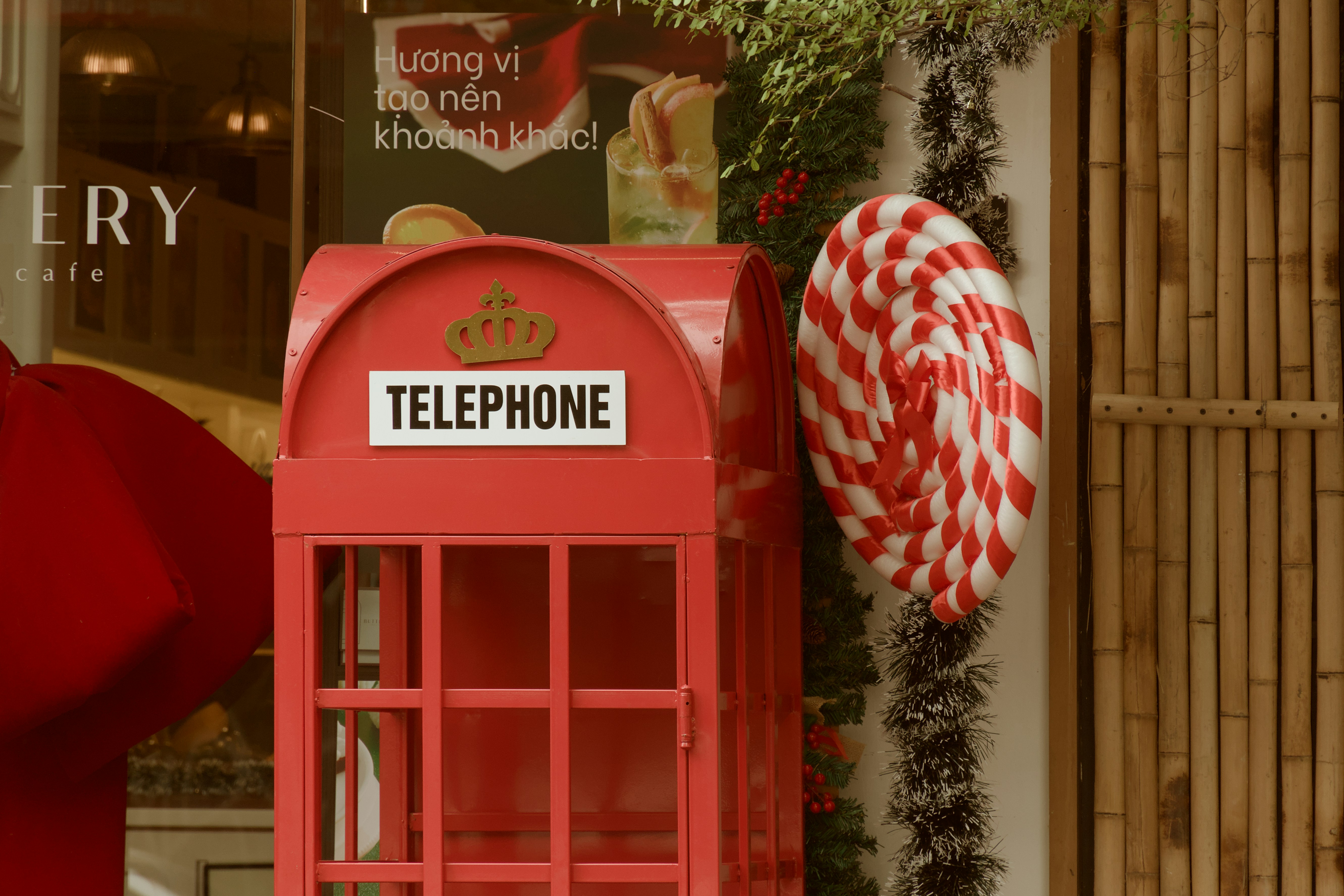 Red Telephone Box and Candy Cane Backdrop