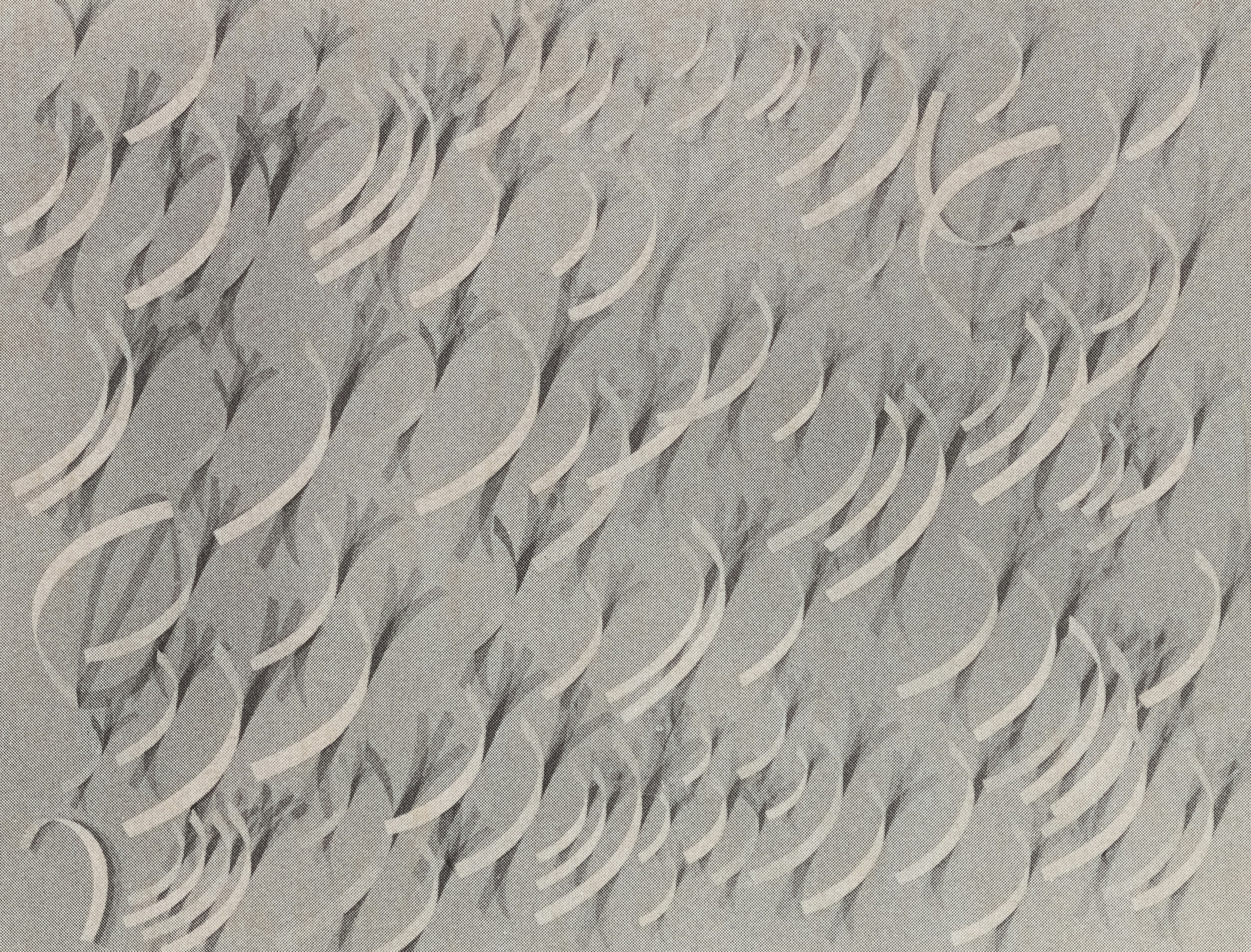 Abstract composition of swirling lines and curves in muted tones on textured background.