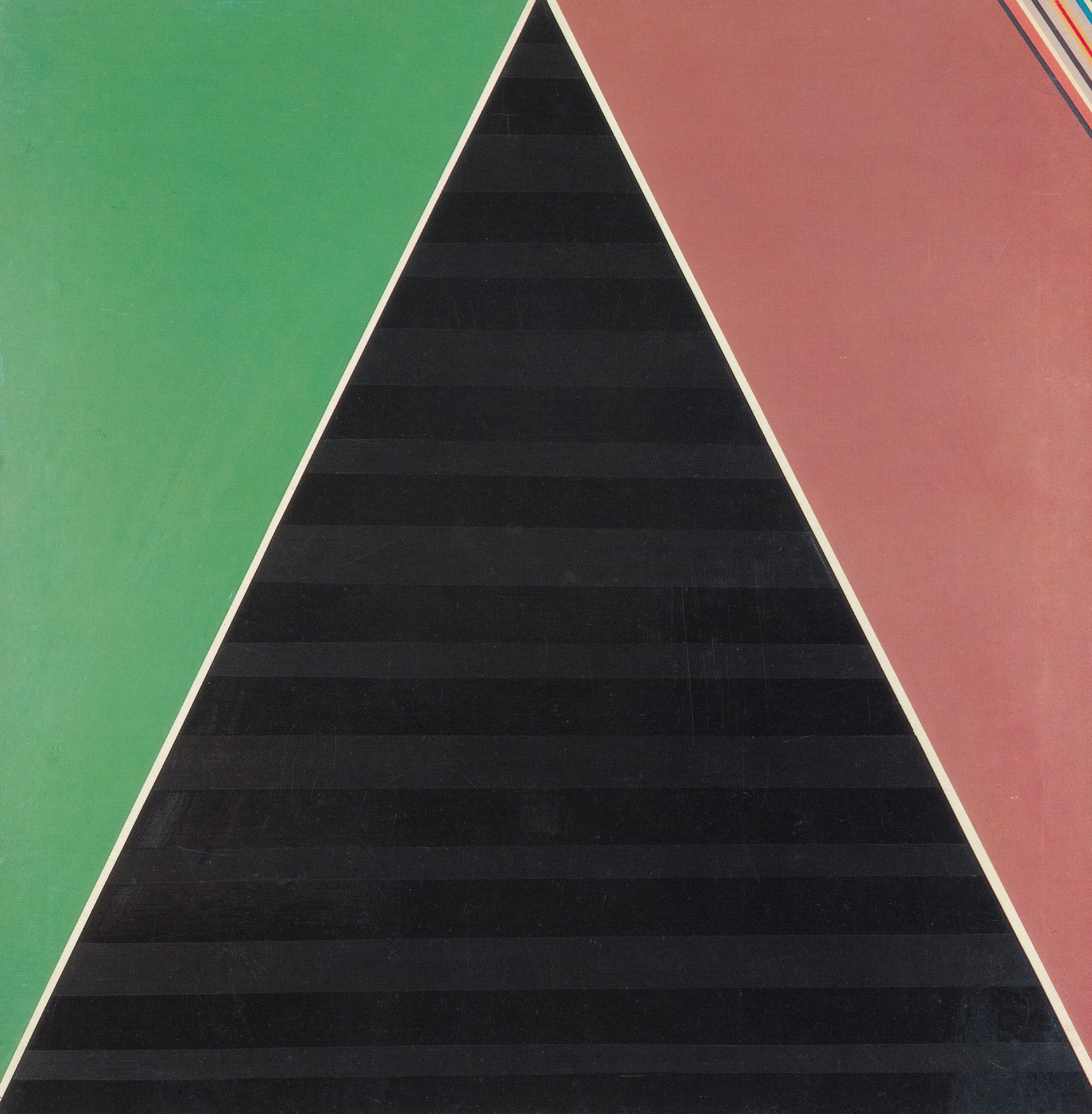 Abstract painting featuring a black triangle flanked by green and red sections with subtle stripes.