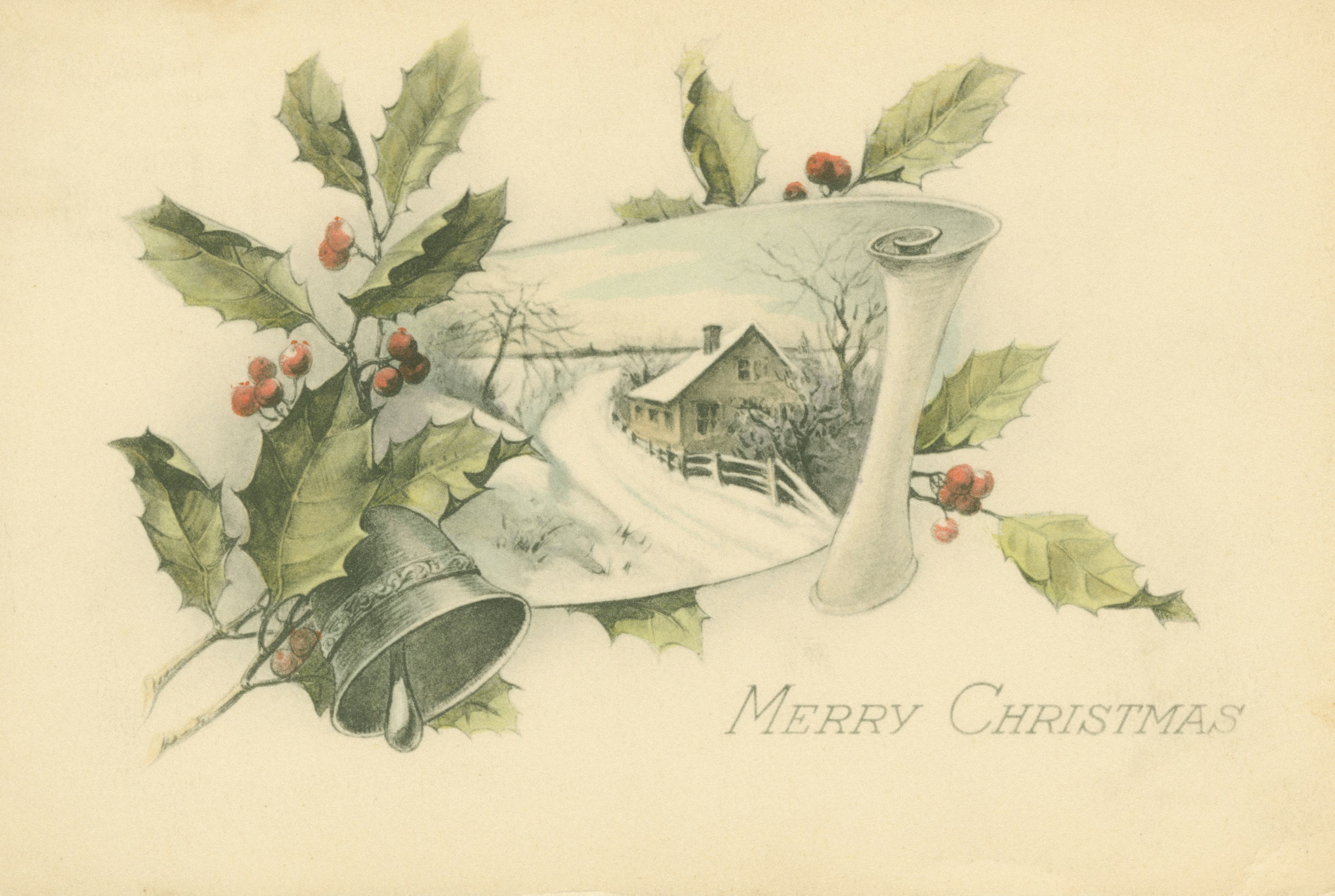Vintage Christmas card illustration with holly sprigs and bells framing a snowy cottage scene. The composition centers on a scroll-like frame containing the cabin and fence, with 'Merry Christmas' inscribed.