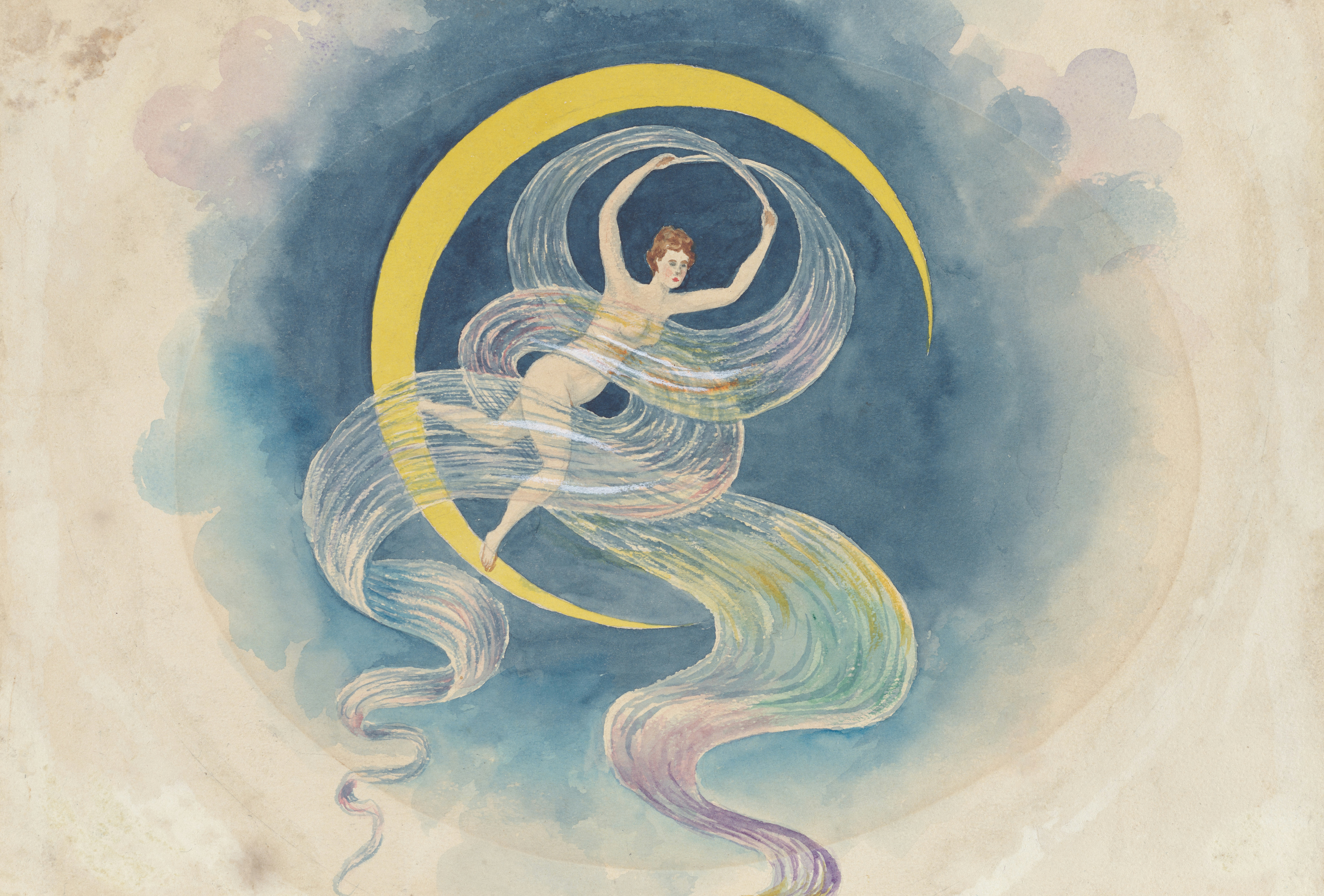 Illustration of a dancer enveloped in flowing, colorful fabric against a crescent moon and deep blue background.