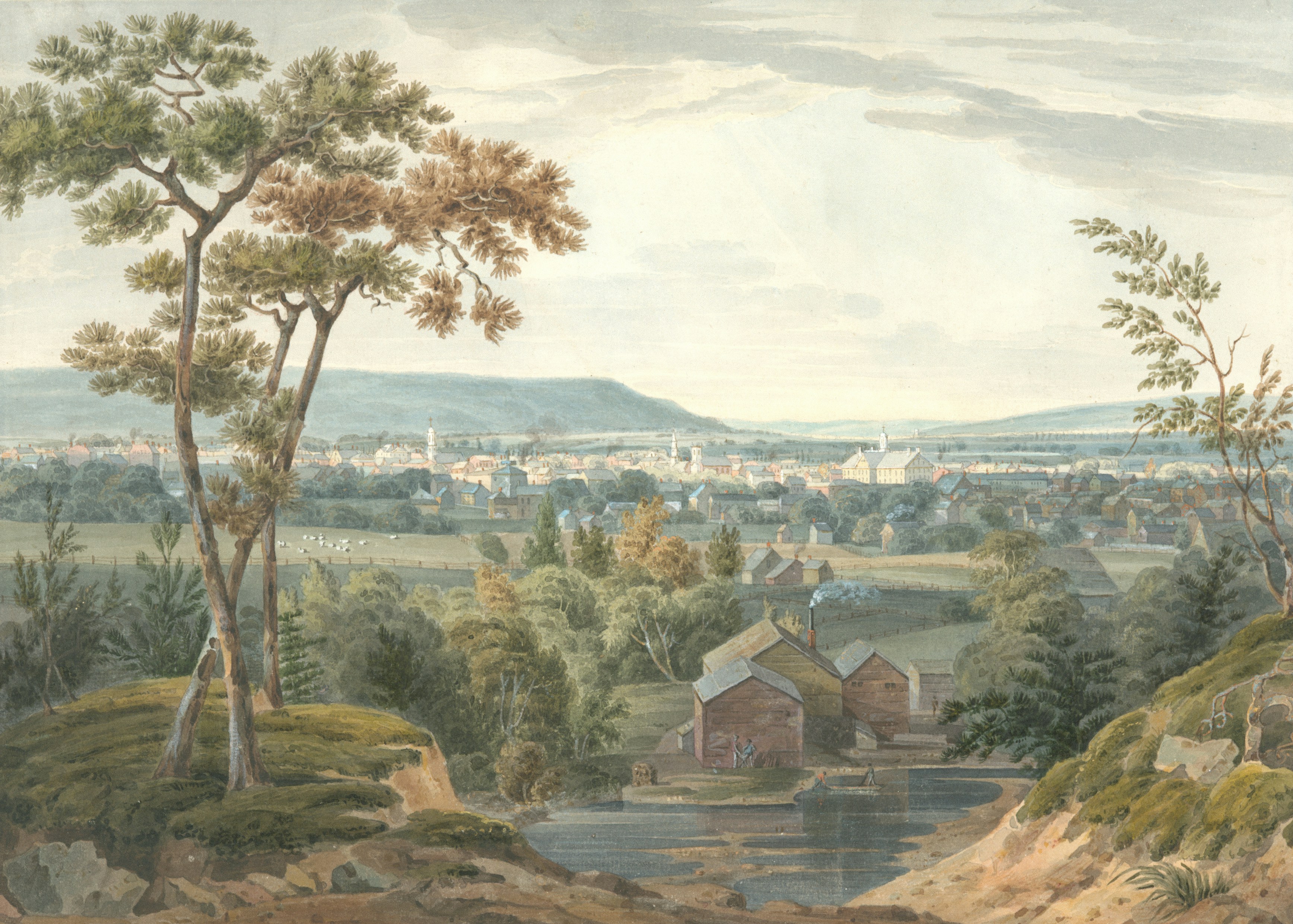 A painting of a landscape with trees and buildings photo – Free Art ...