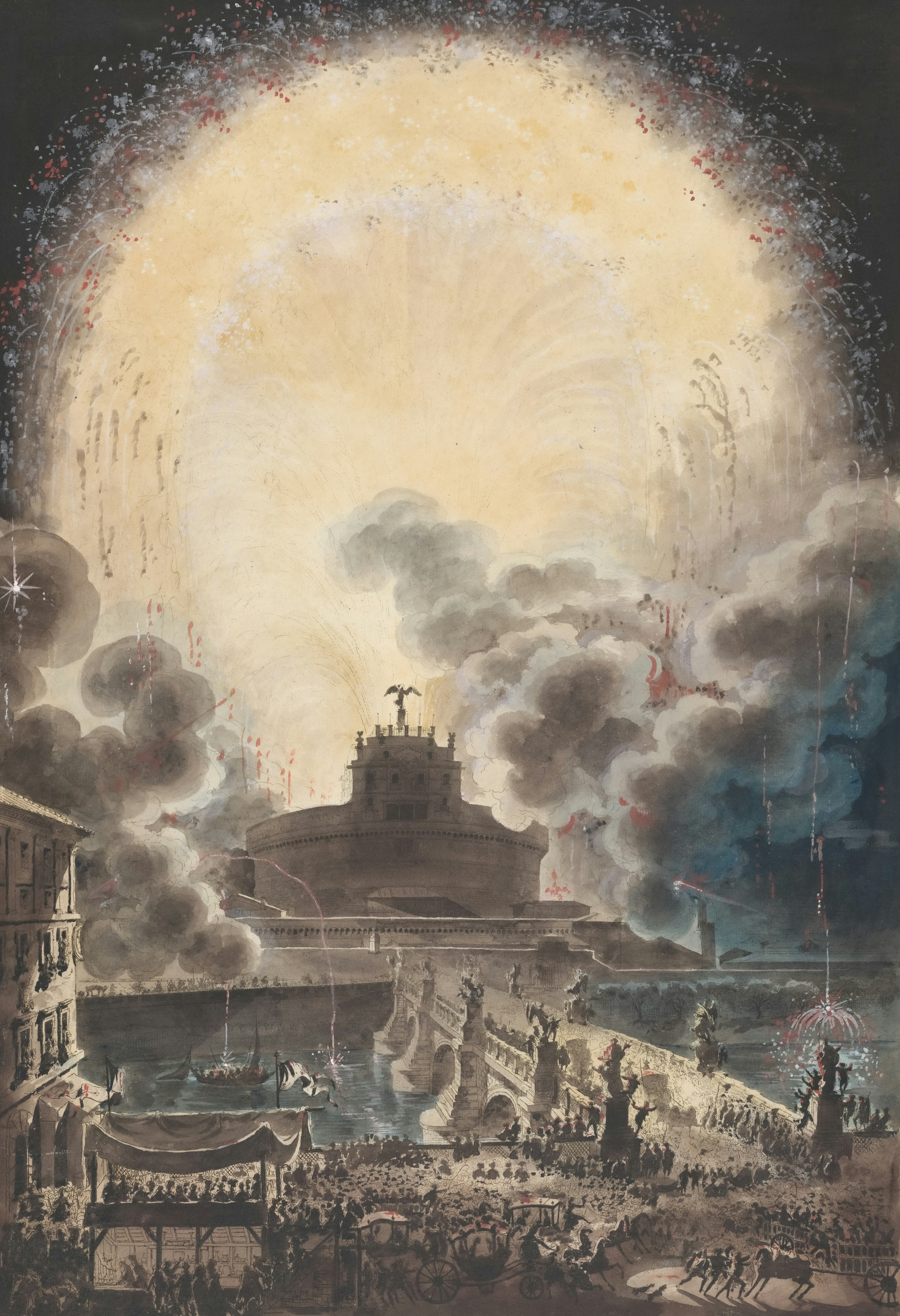 Illustration of Château St Ange in Rome with vibrant fireworks lighting up the night sky.