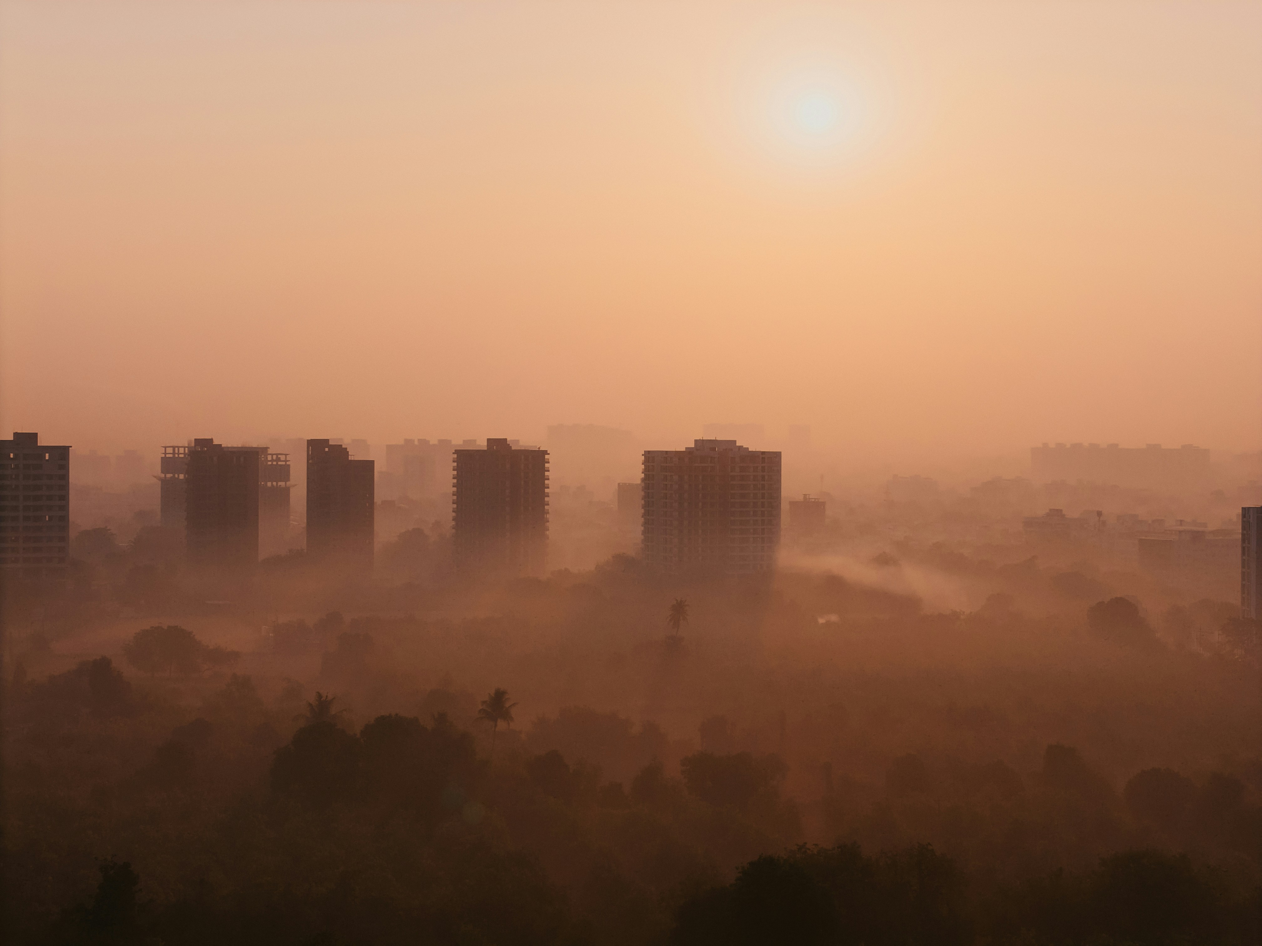 The sun is setting over a city with tall buildings