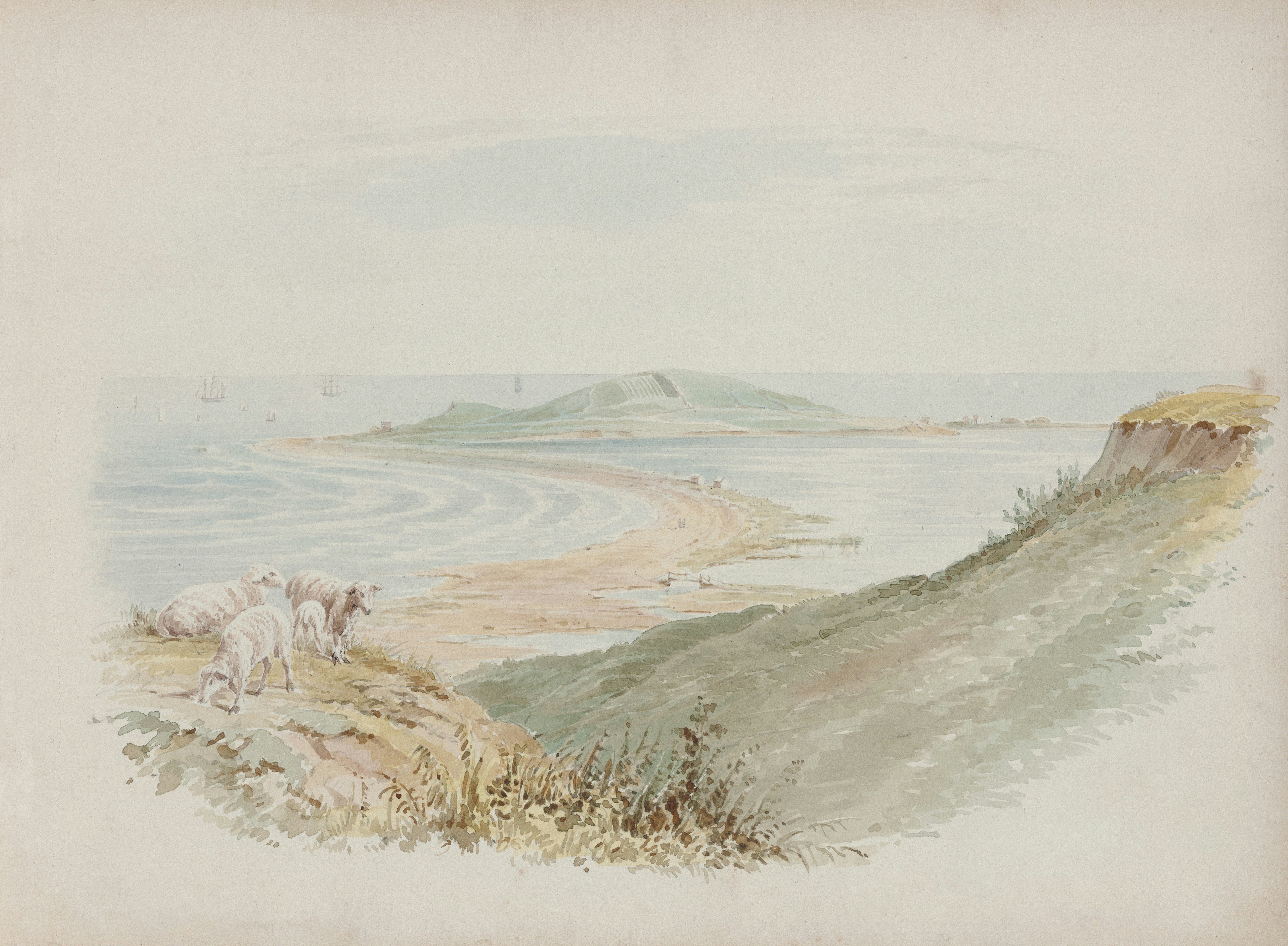 Illustration of Point Alderton with gentle waves and distant hills under a soft sky.