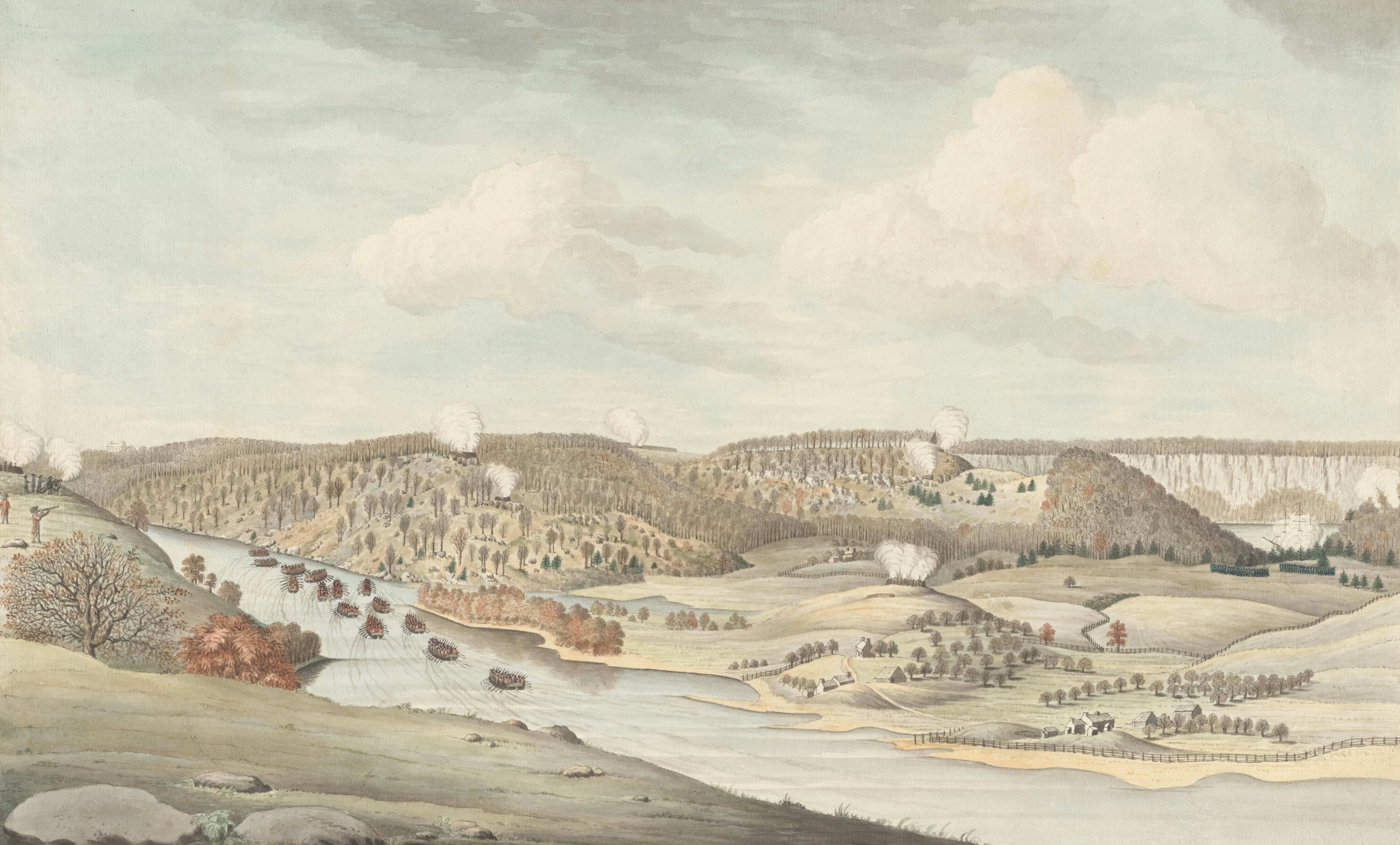 Pastel illustration of a serene landscape with rolling hills, a winding river, and scattered trees under a clouded sky.