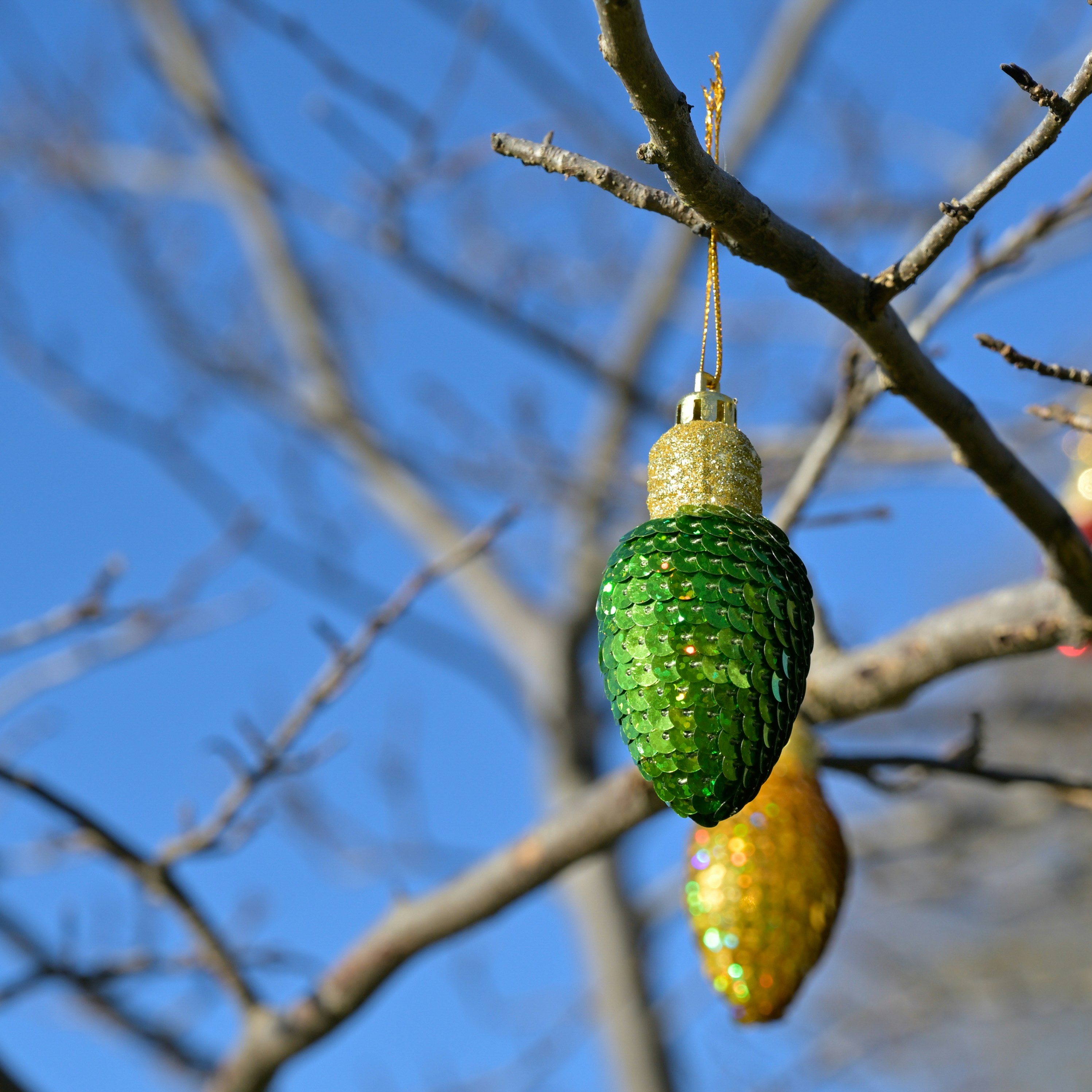 Emerald Glitter Pinecone Ornament Dangles Against a Crisp Winter Blue