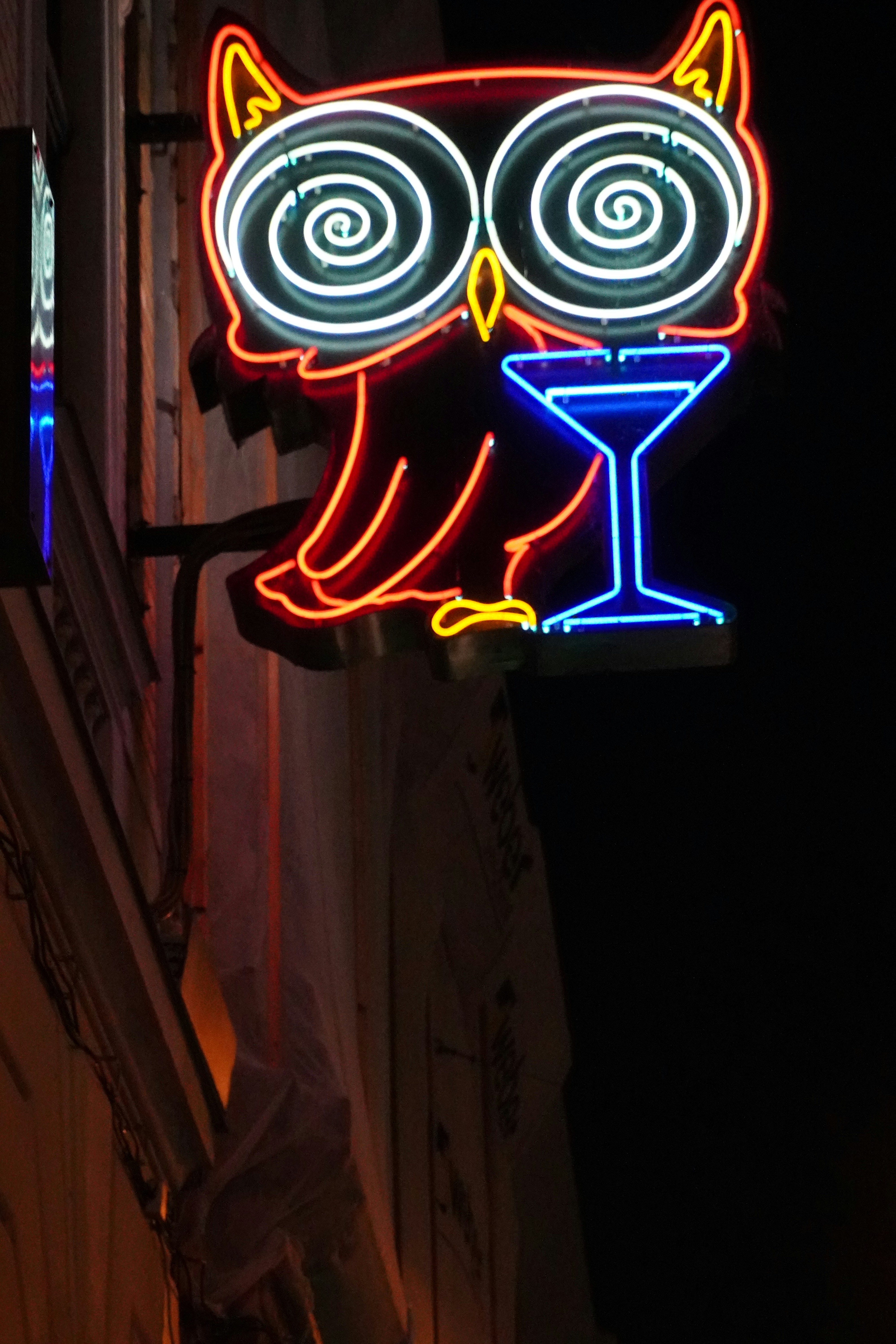 Twist-Eyed Neon Owl Toasts the Night with a Blue Martini