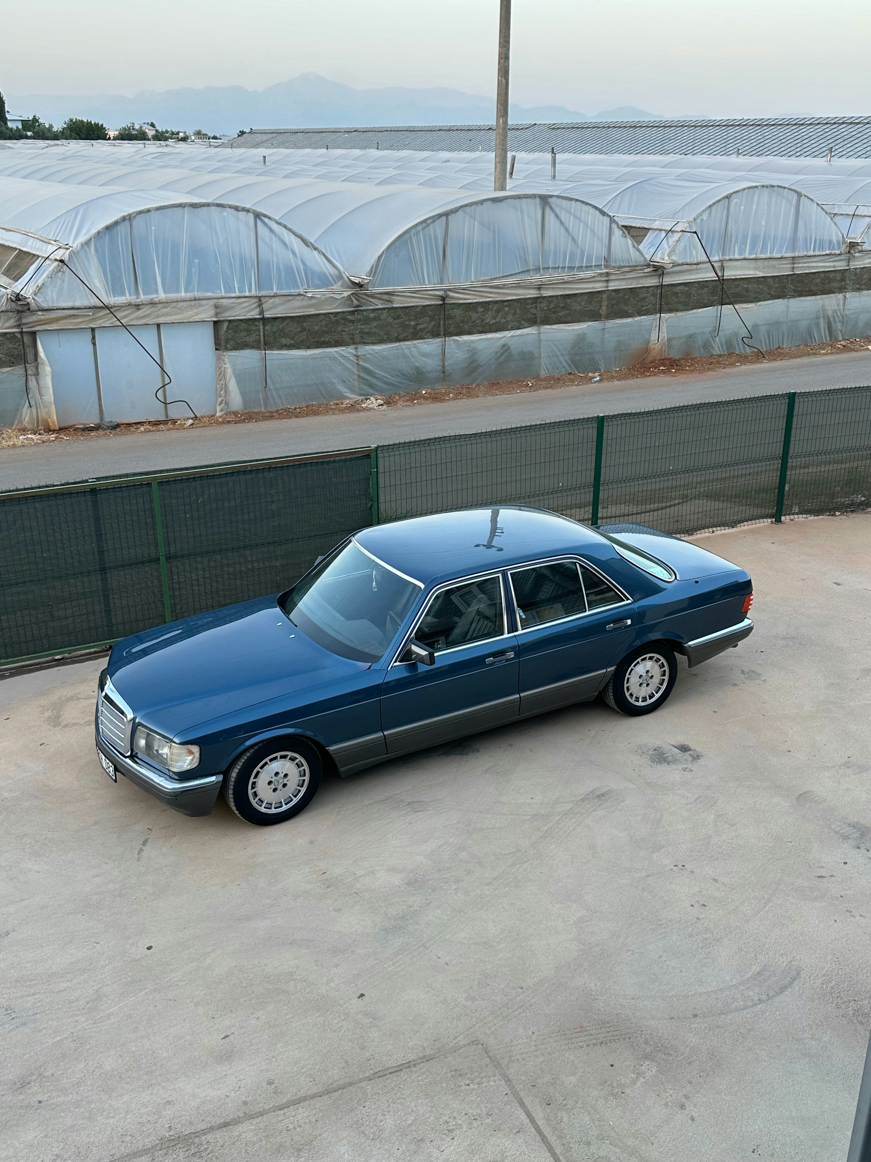 Mid-Century Blue Mercedes Anchored on Concrete, Framed by Polygreenhouses
