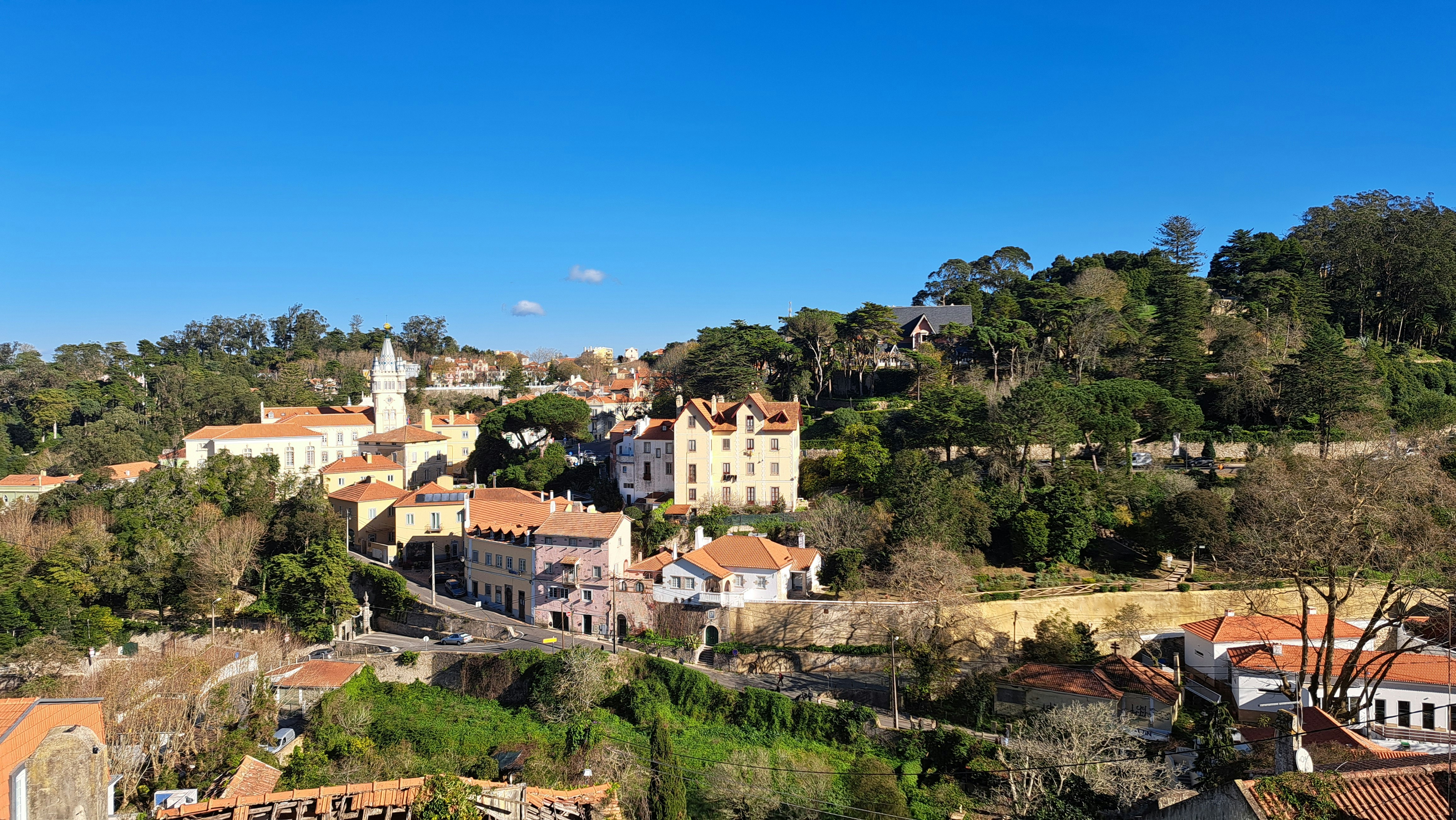 Panoramic view of Sintra's hillside, showcasing historic architecture amid lush greenery under a clear blue sky.